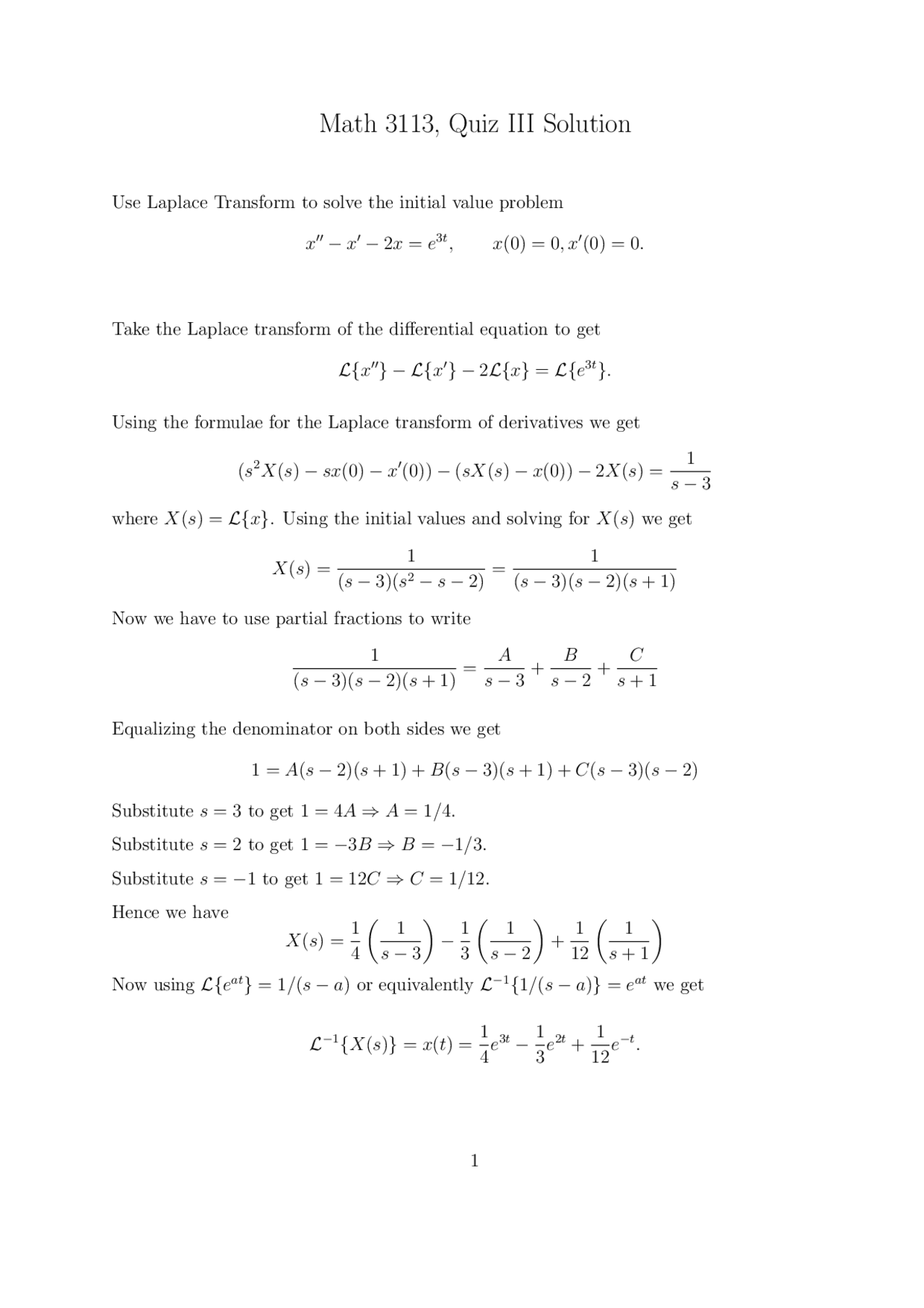 Quiz 3 Solution Introduction To Ordinary Differential Equations