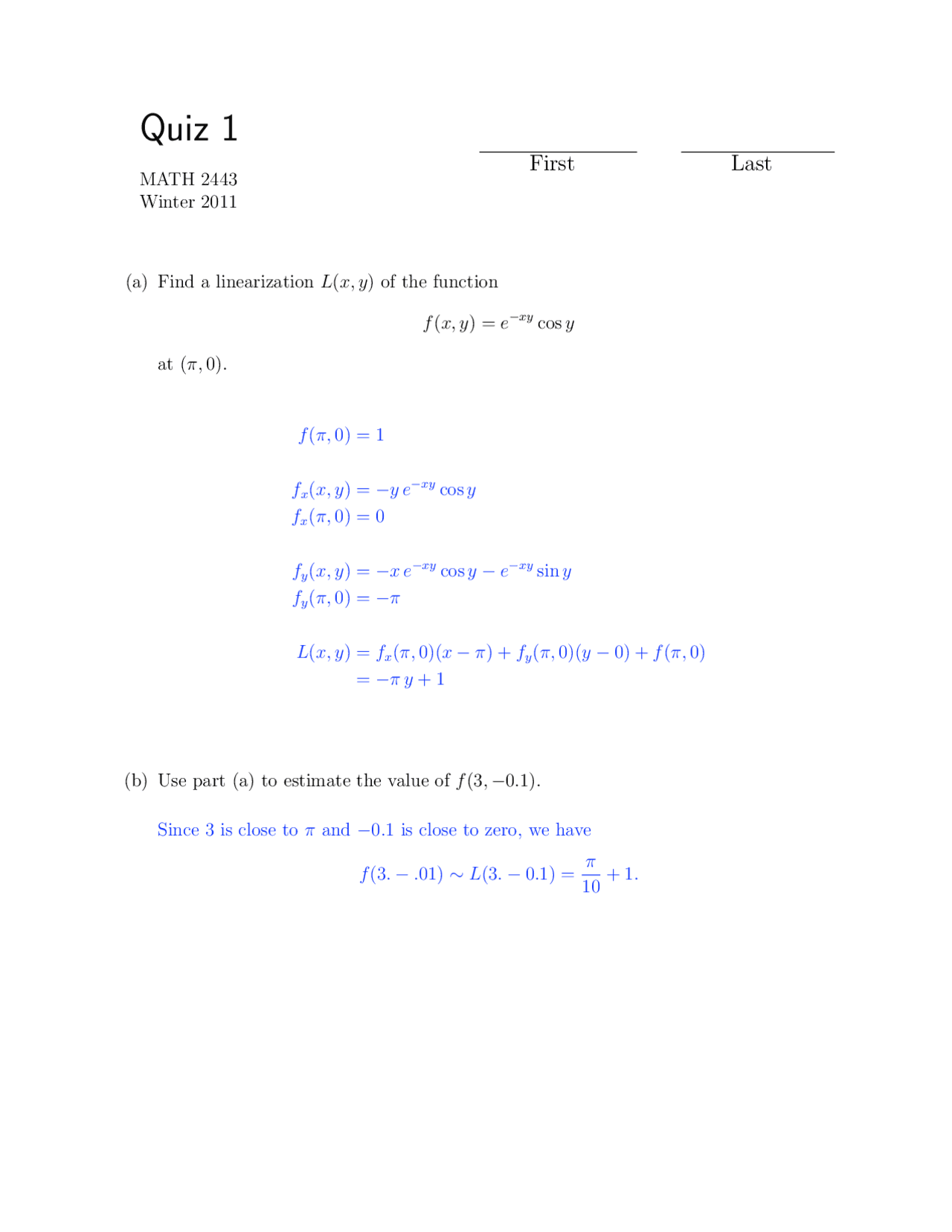 Find Linearization Of The Functions Quiz 1 With Solutions Math 2443
