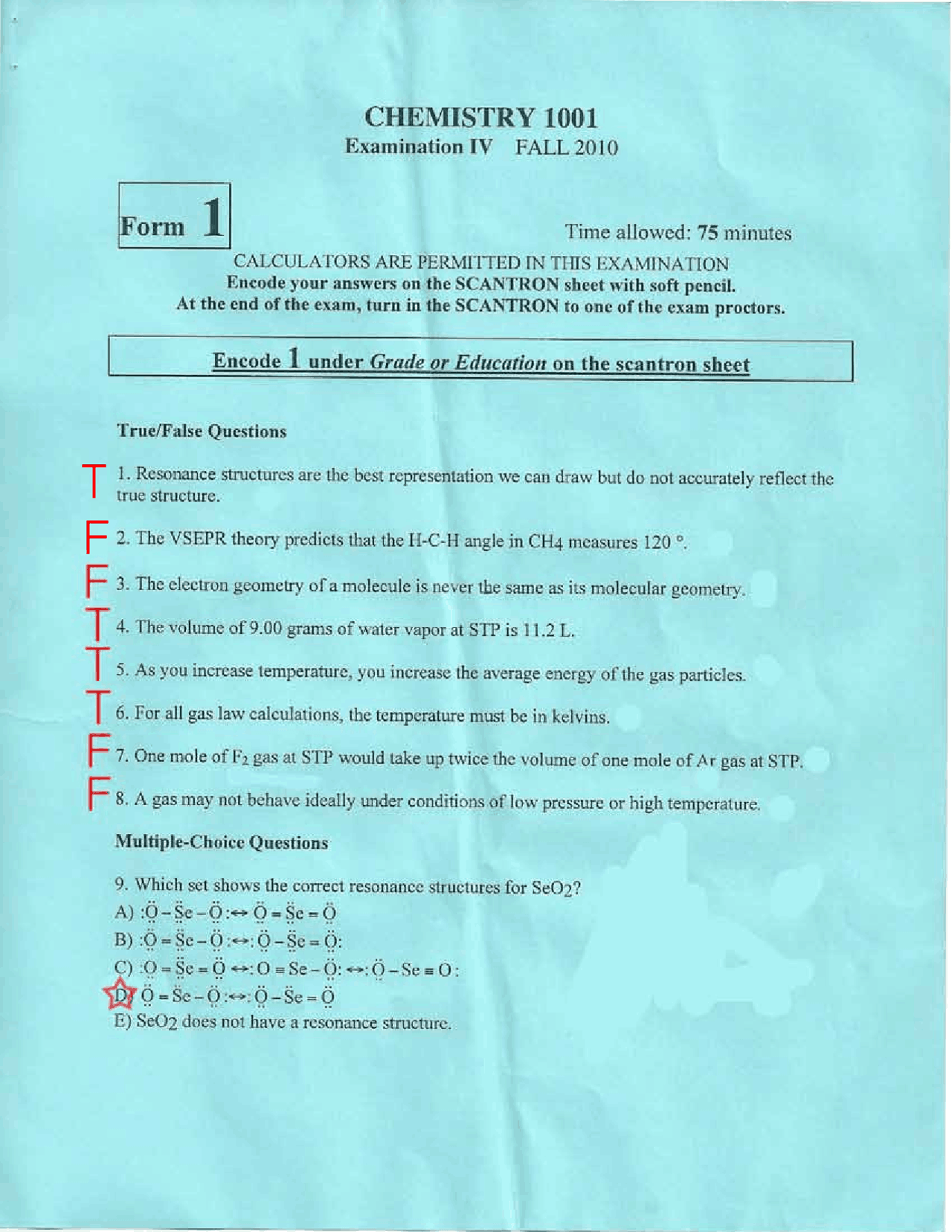 Chemistry Fundamentals I - Answer Key for Exam 4 | CHEM 1001 - Docsity