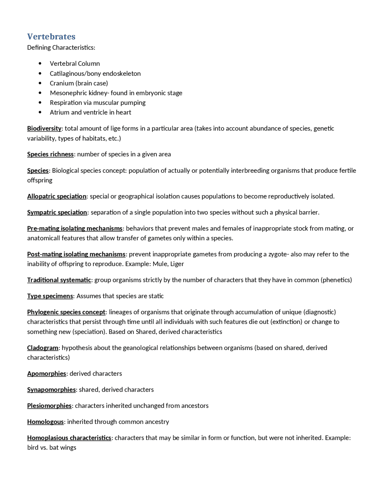 Vertebrates Lecture Notes Vertebrate Biodiversity Biol 4020 Docsity