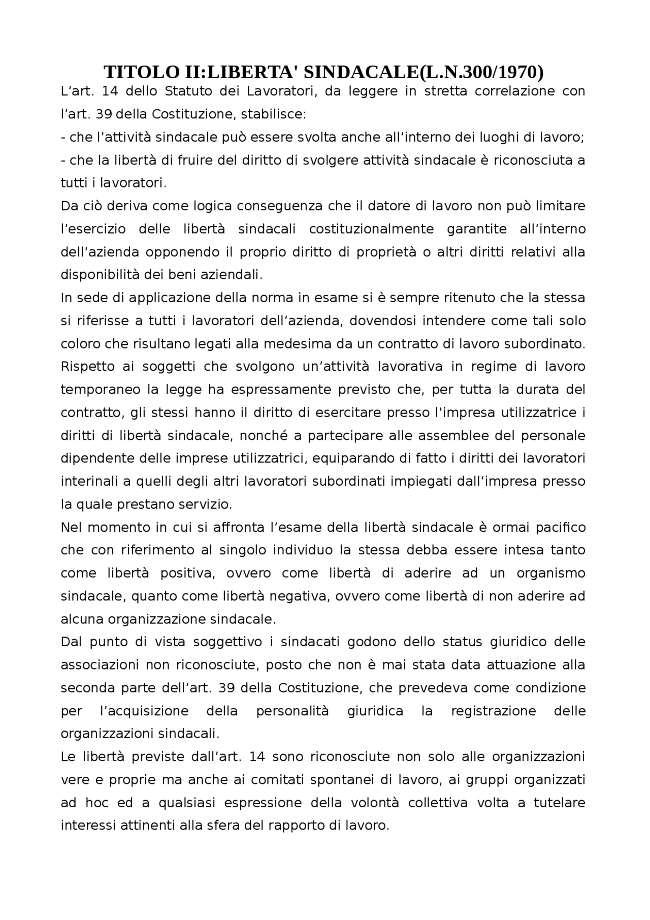 Della Liberta Sindacale Docsity