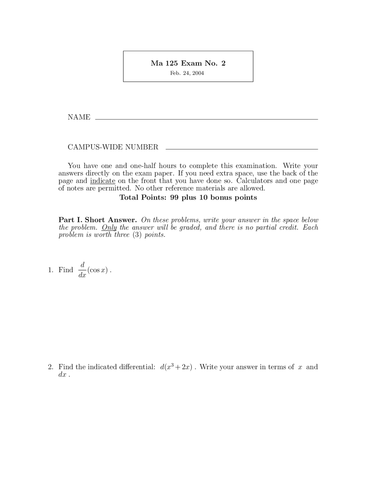 7 Questions on Calculus I - Exam 2 | MATH 125 - Docsity