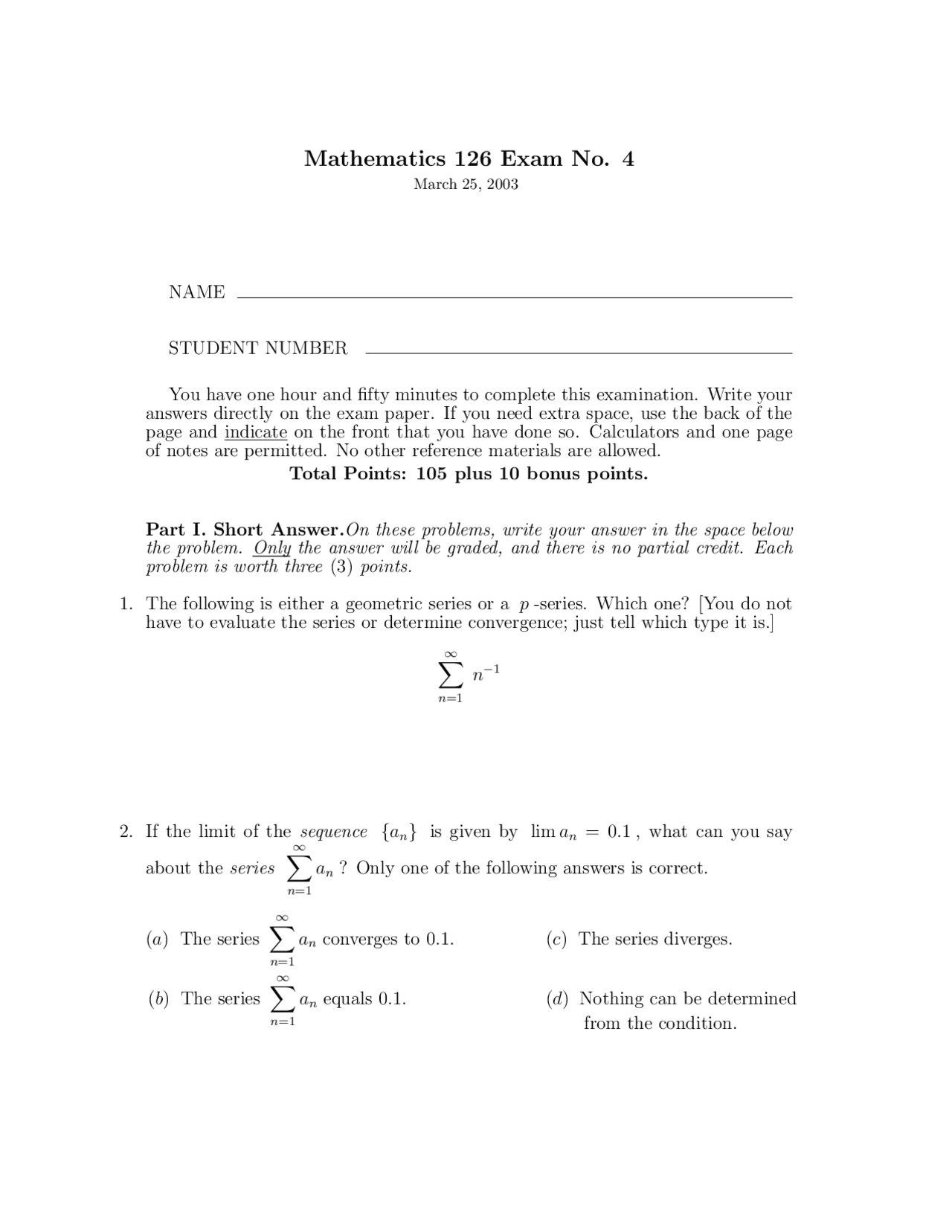 9 Questions On Calculus Ii Exam 4 Math 126 Docsity