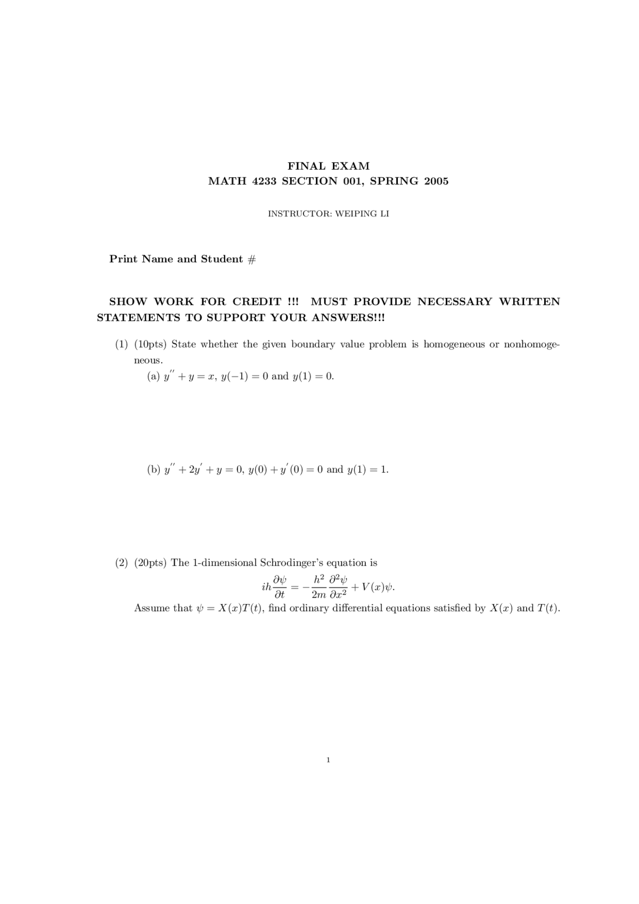 Practice Final Exam Intermediate Differential Equations Math 4233