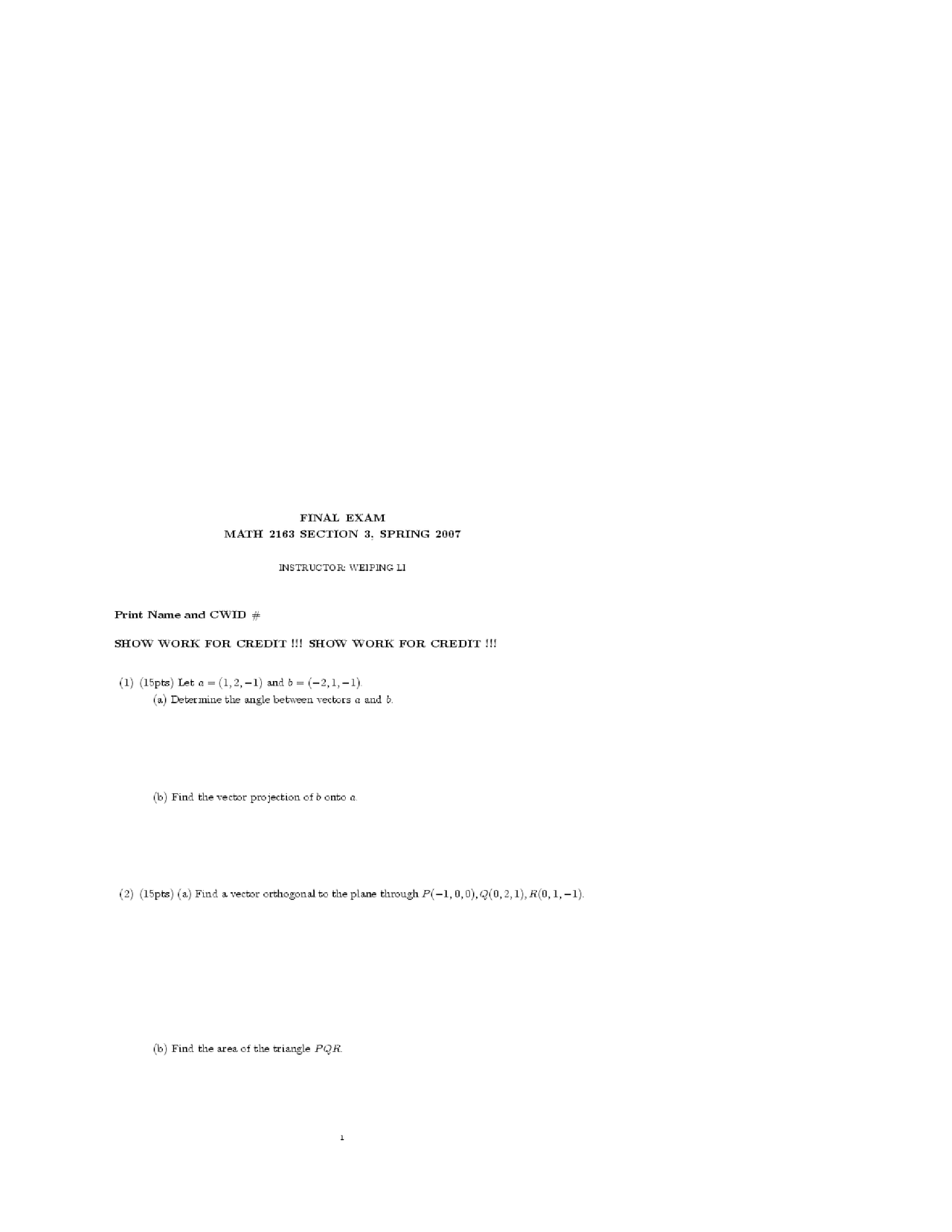 16 Problems On Vector Projection And Orthogonal Final Exam Math