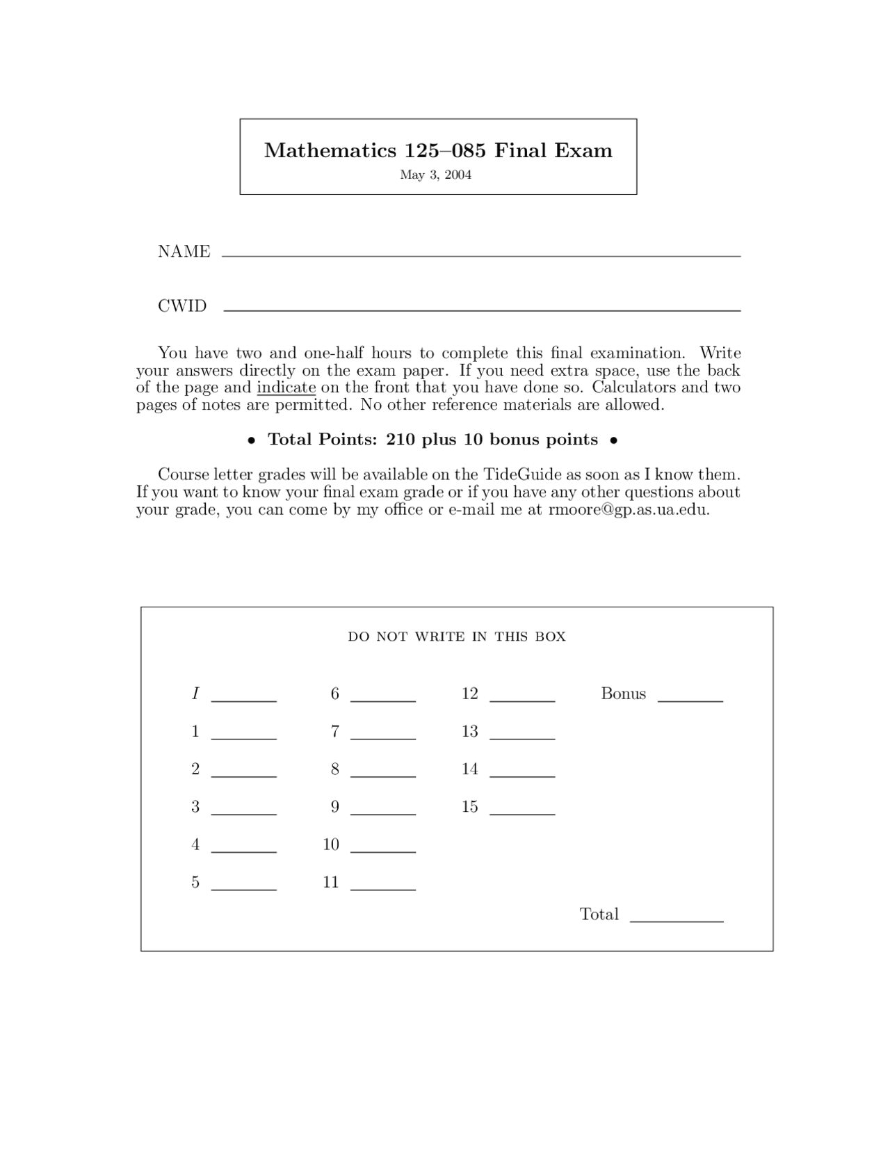 15 Questions On Calculus I Final Exam Math 125 Docsity