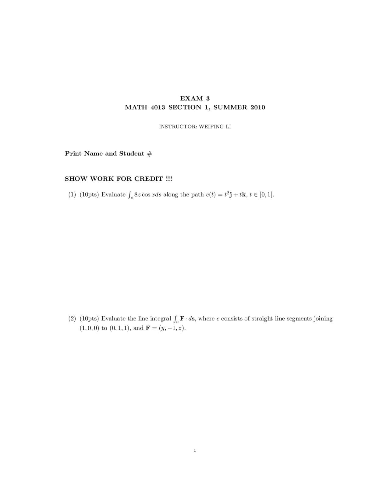 Exam 3 - Calculus of Several Variables | MATH 4013 - Docsity