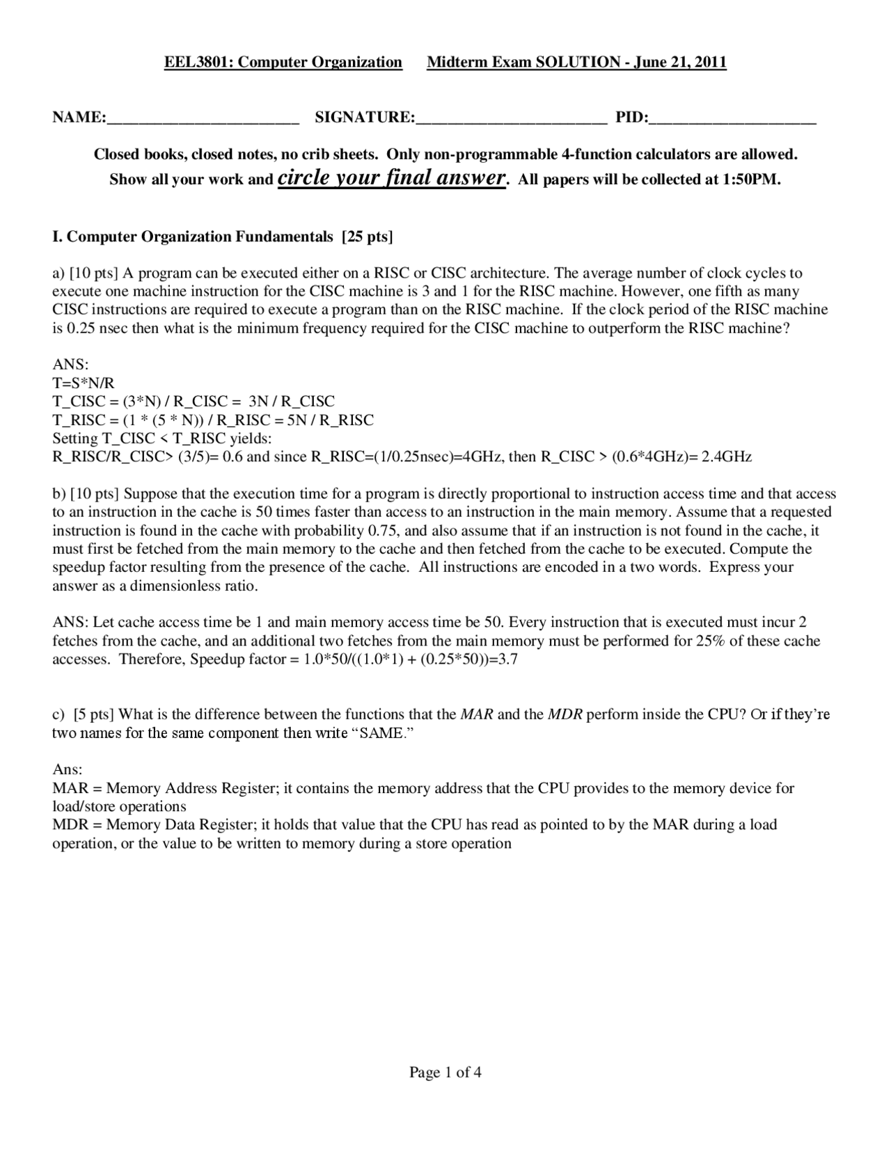 Midterm Exam Solutions On Computer Organization Eel 3801 Docsity