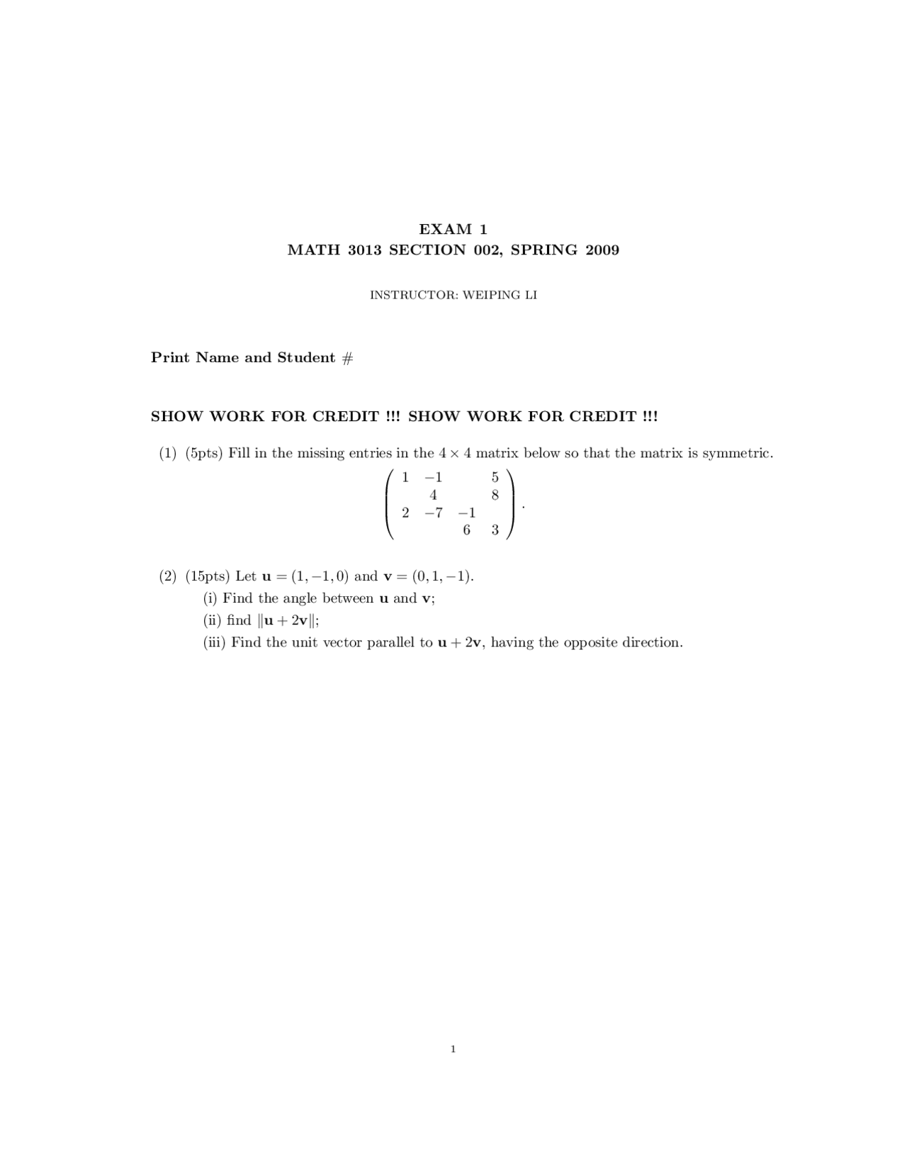 8 Problems In Exam 1 On Linear Algebra Math 3013 Docsity