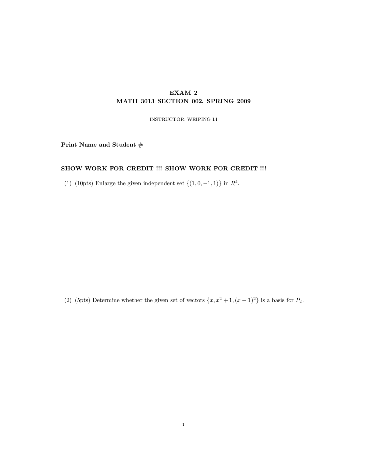 9 Questions On The Linear Algebra Examination 2 Math 3013 Docsity