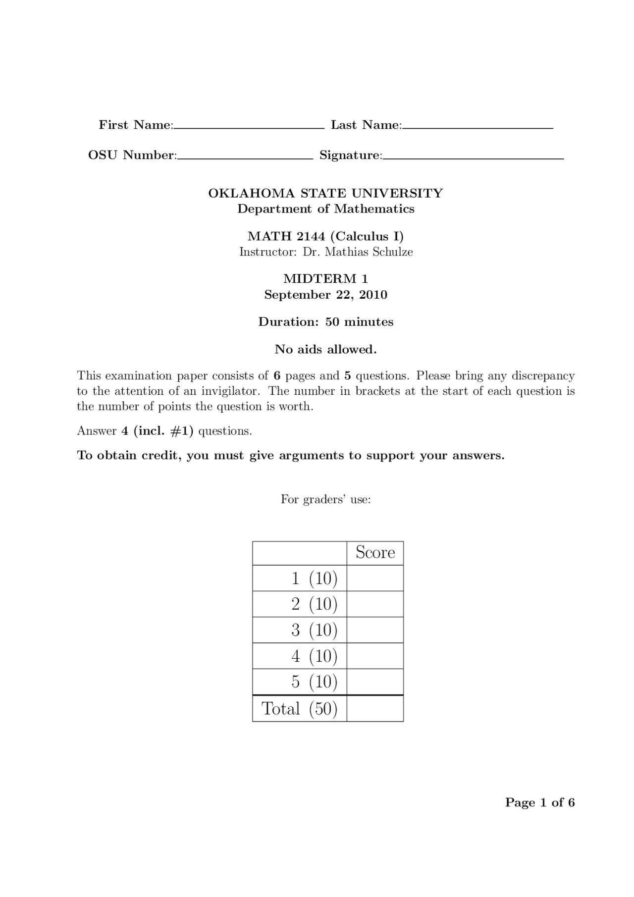 Midterm Exam 1 With Solutions Calculus I 2010 Math 2144 Docsity