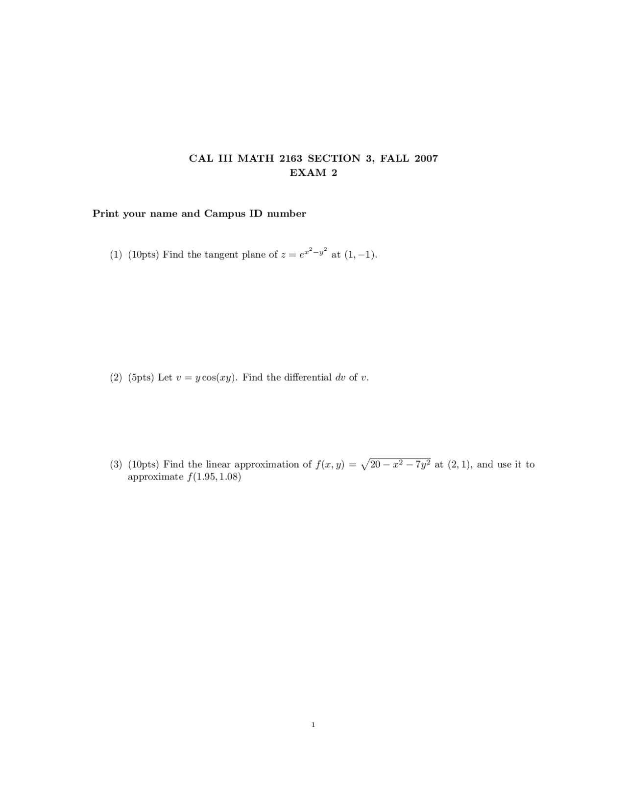 Calculus III Exam 2, Fall 2007 - Math 2163 - Prof. Weiping Li | Exams ...
