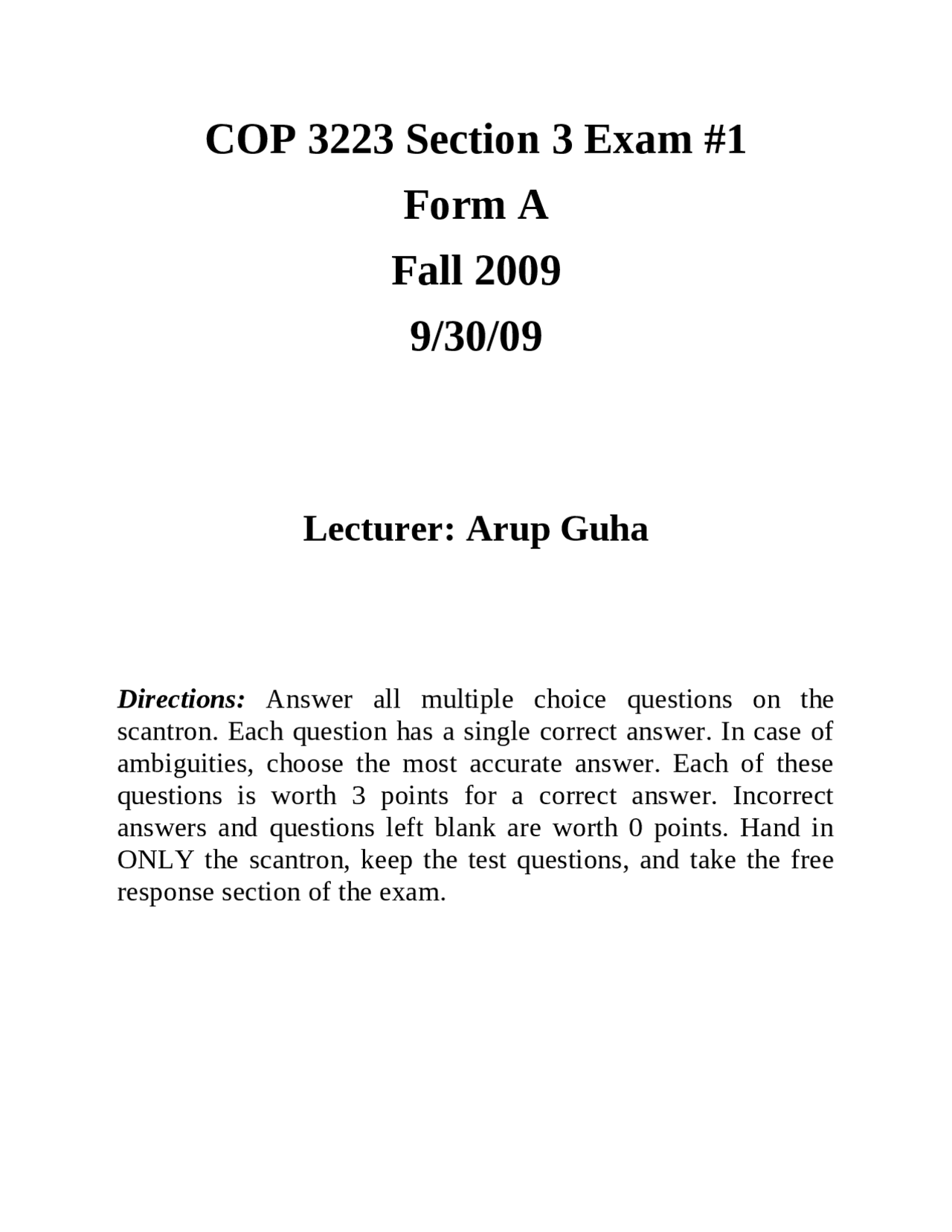Exam 1 With Answer Sheet Introduction To Programming With C Cop 0470
