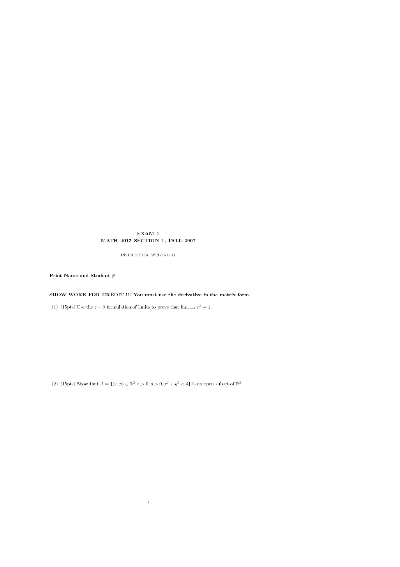 Calculus Of Several Variables Past Exam Questions 2007 Math 4013