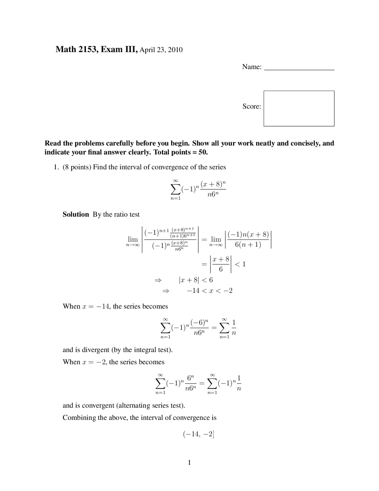 Exam 3 With Solution Calculus 2 Math 2153 Docsity