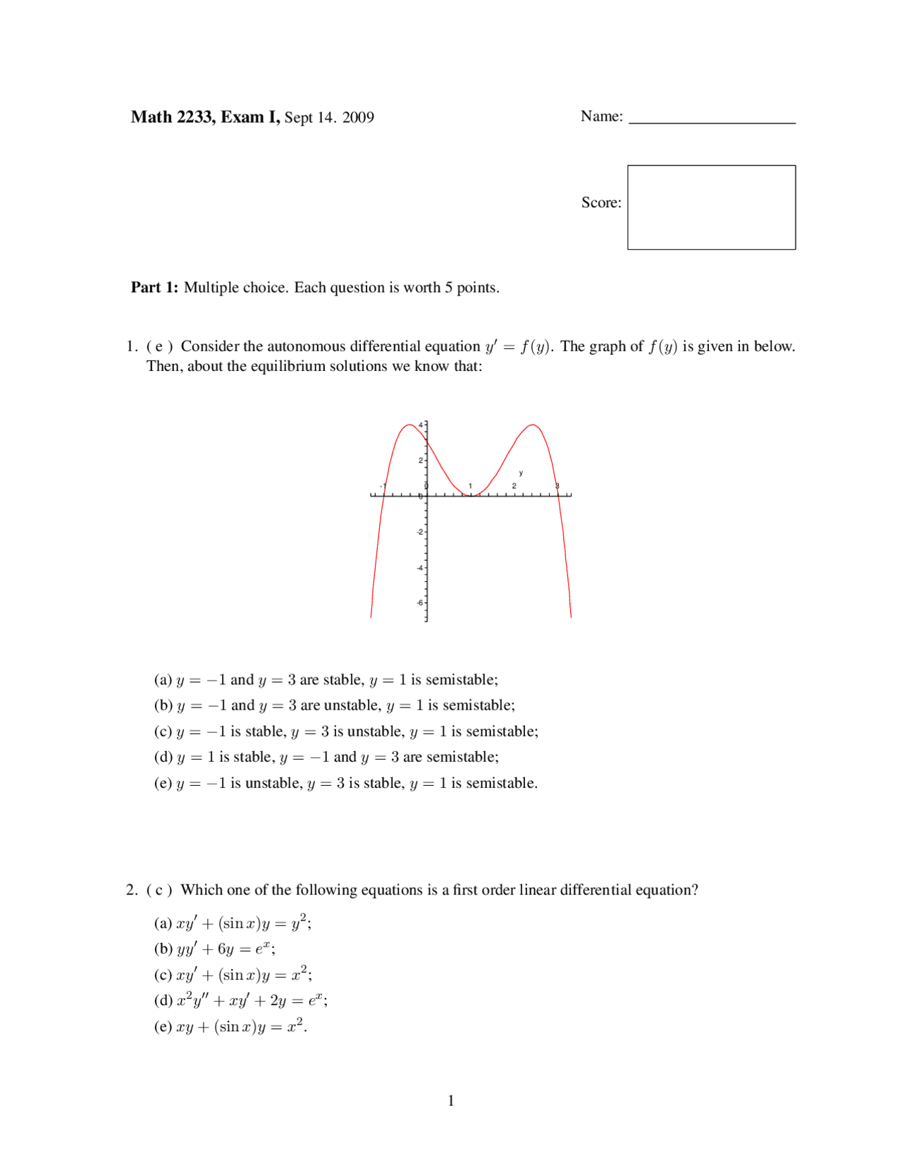 8 Solved Problems On Linear Differential Equations Exam 1 Math 2233