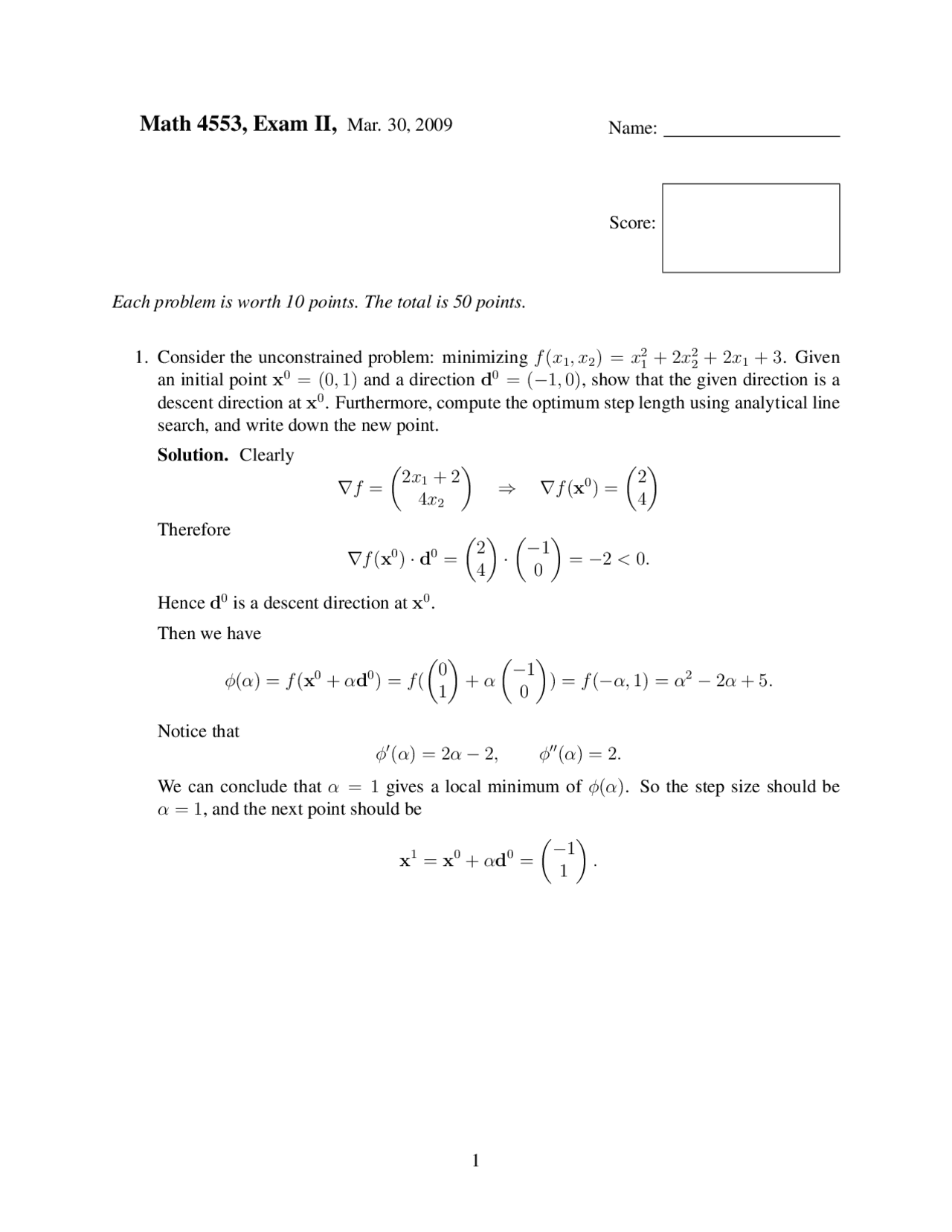 Solutions To Exam 2 Linear And Nonlinear Programming Math 4553