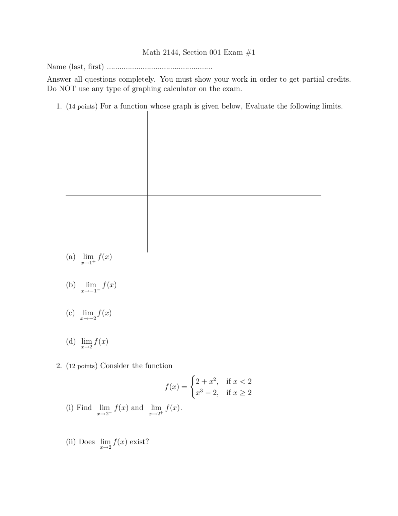 Exam 1 with 9 Questions - Calculus I | MATH 2144 - Docsity