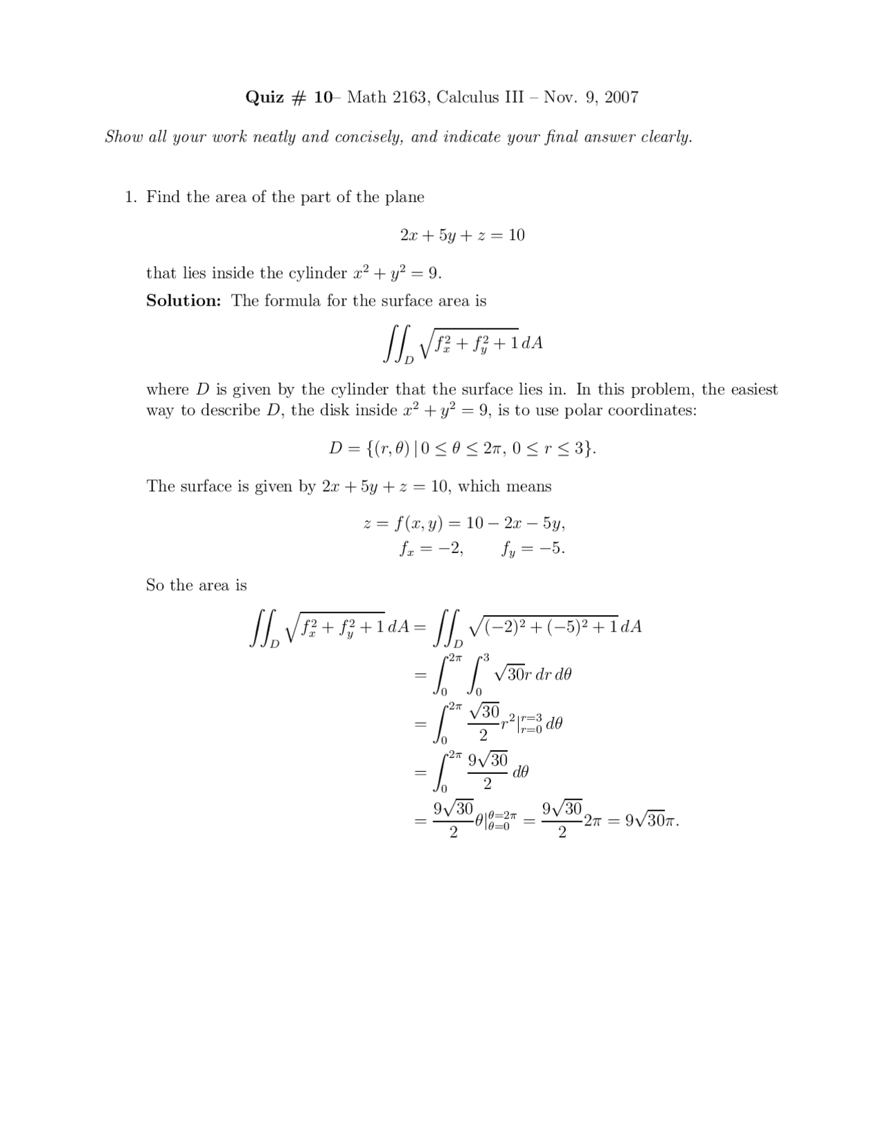 Quiz 10 With Solutions On Calculus Iii Fall 2007 Math 2163 Docsity