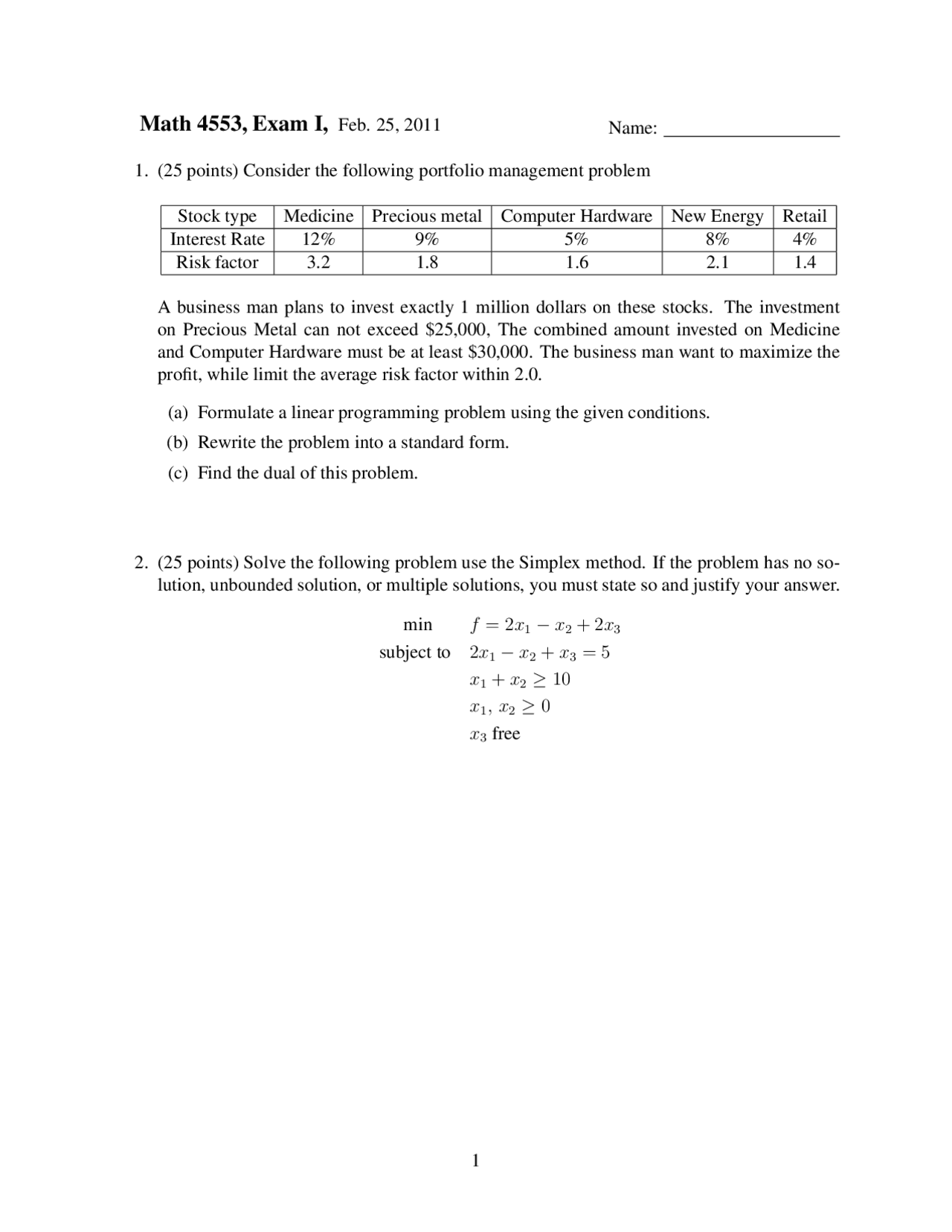 Solution To Exam 1 Linear And Nonlinear Programming Math 4553 Docsity