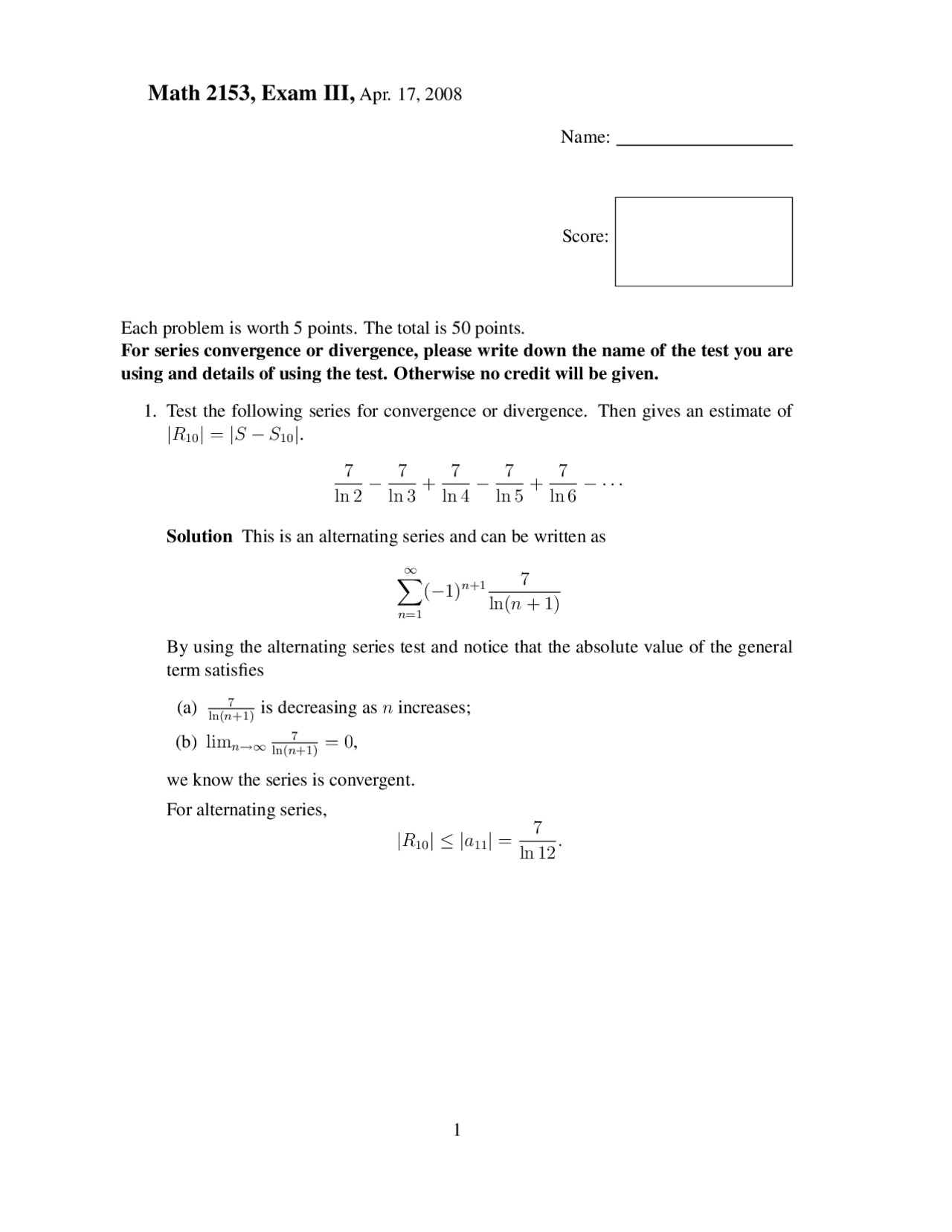 Solution Key To Examination 3 Calculus Ii Math 2153 Docsity