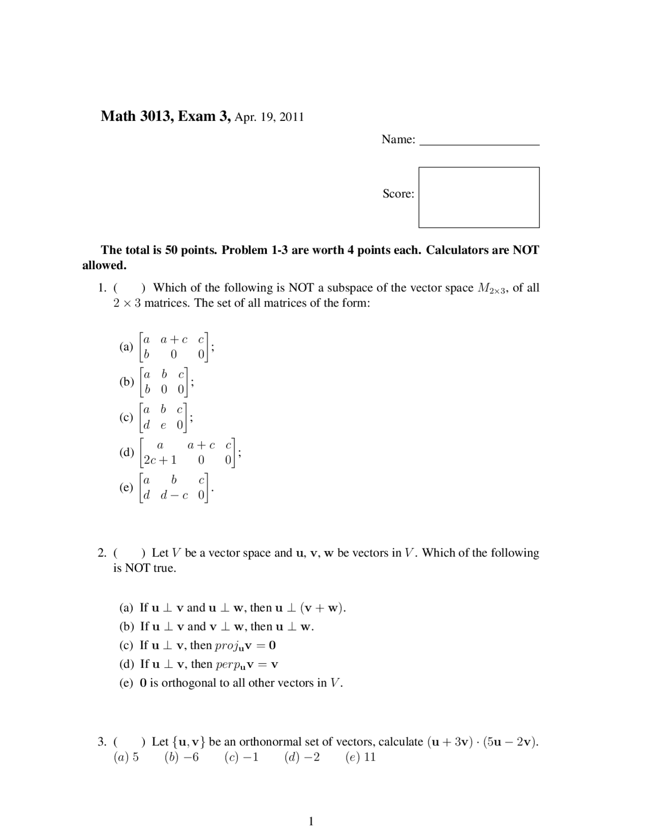 Linear Algebra Past Paper 2011 Math 3013 Docsity