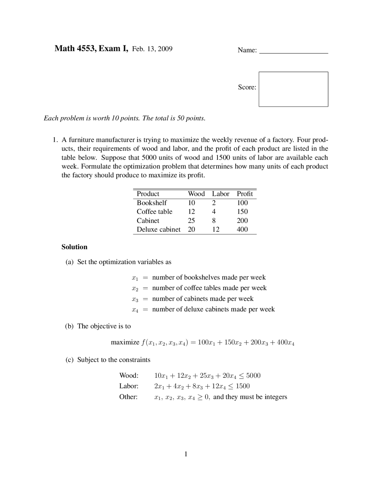 Exam 1 With Solution For Linear And Nonlinear Programming Math 4553