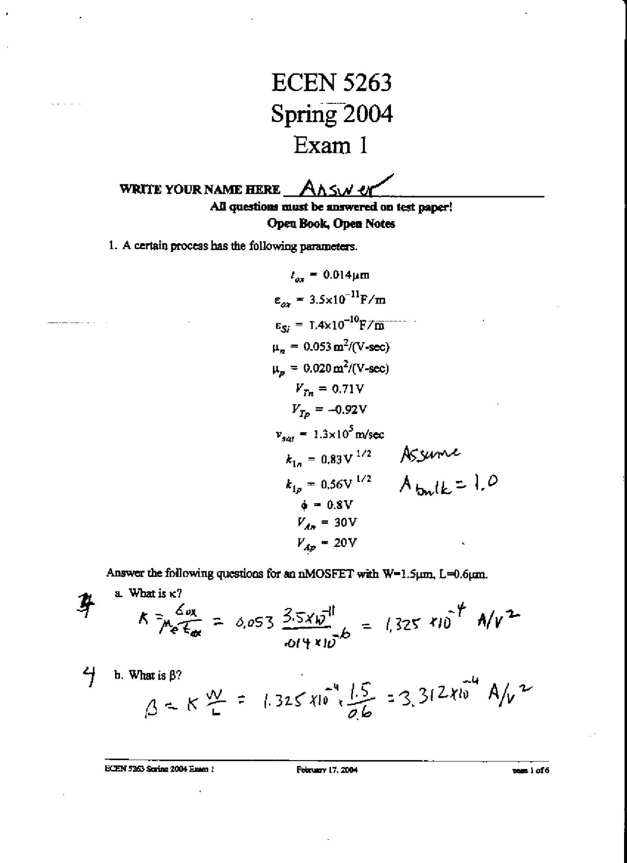 Solved Exam 1 For Vlsi Digital System Design Ecen 5263 Docsity