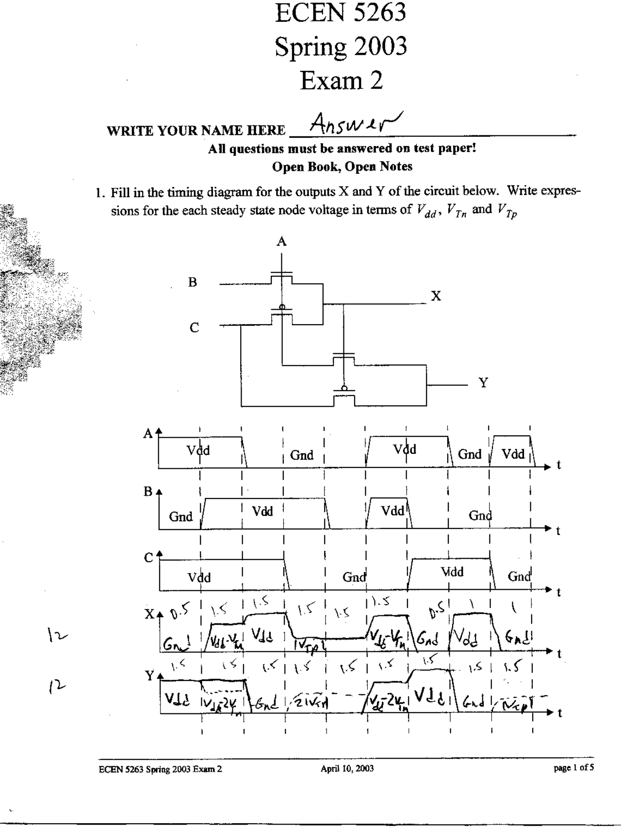 Digital System Design Exam 2 Fall 2003 Ecen 5263 Docsity