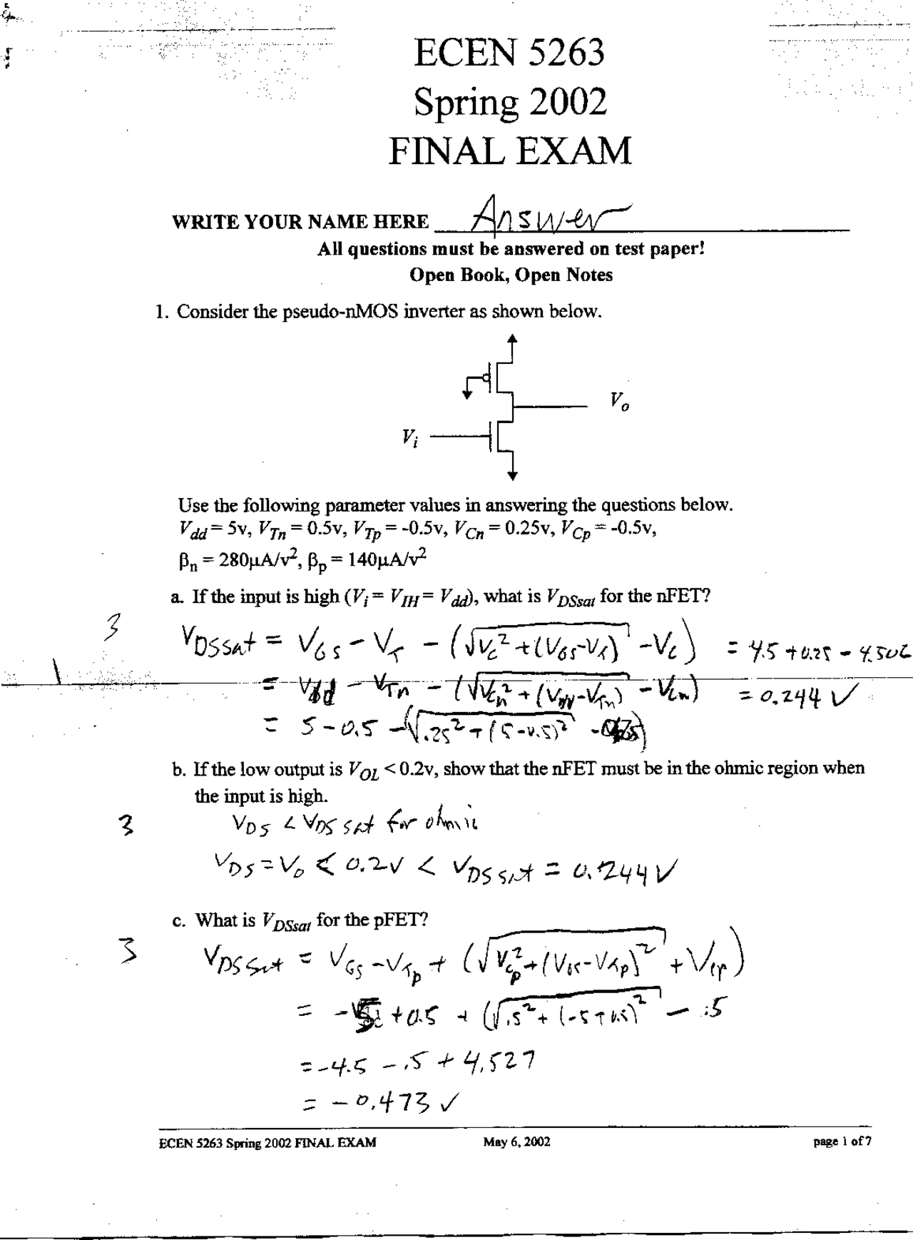 6 Problems On Vlsi Digital System Design Final Exam Ecen 5263 Docsity