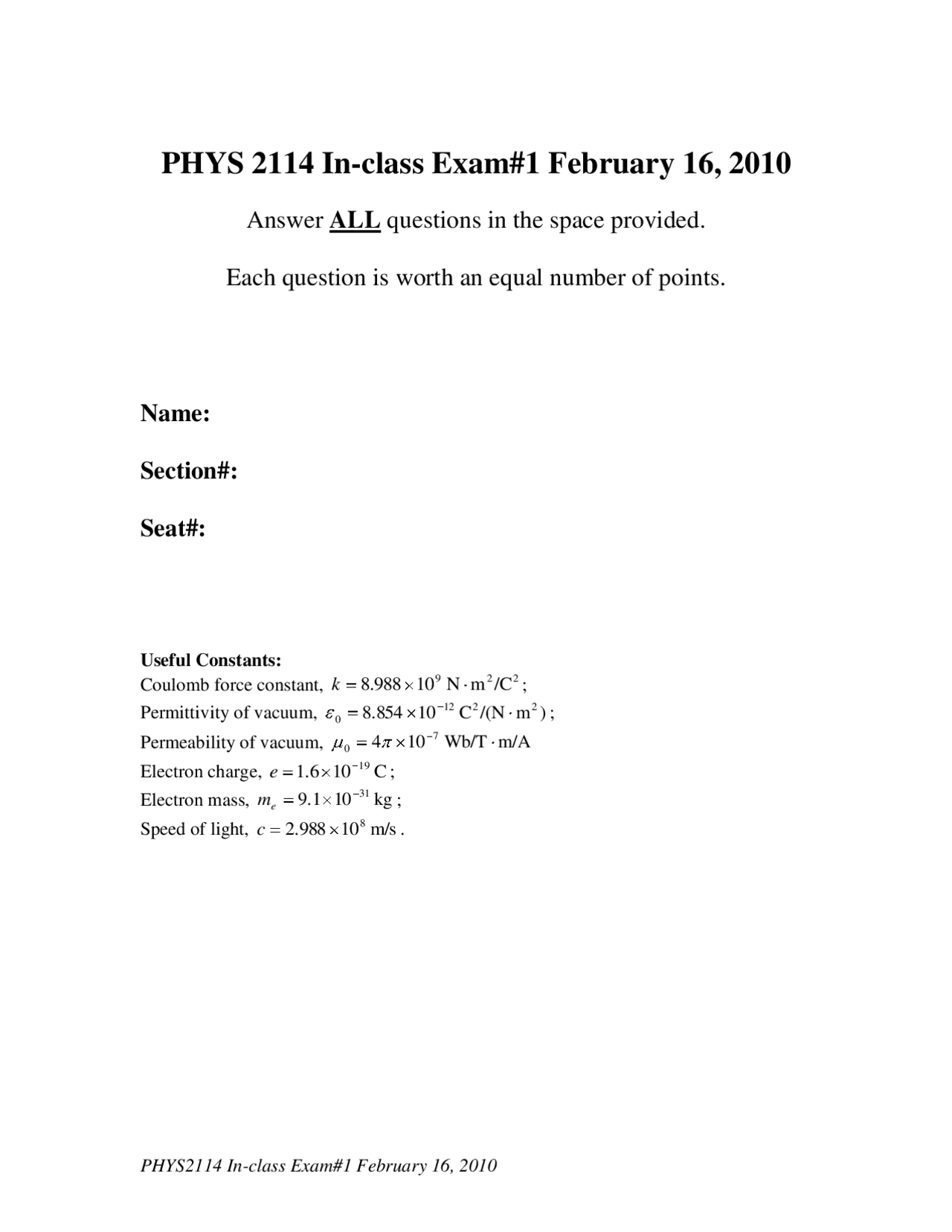 Exam 1 Questions General Physics Phys 2114 Docsity