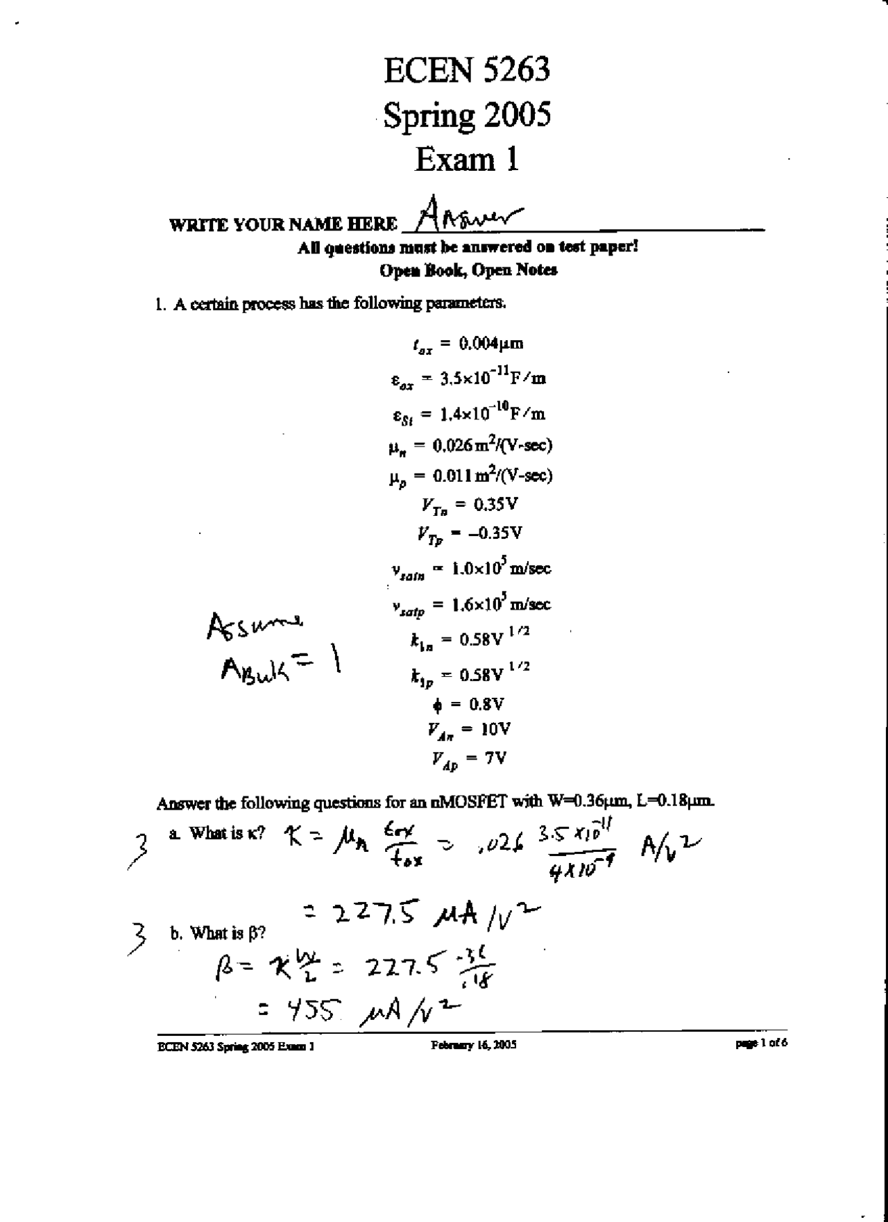 Vlsi Digital System Design Solved Exam 1 Ecen 5263 Docsity