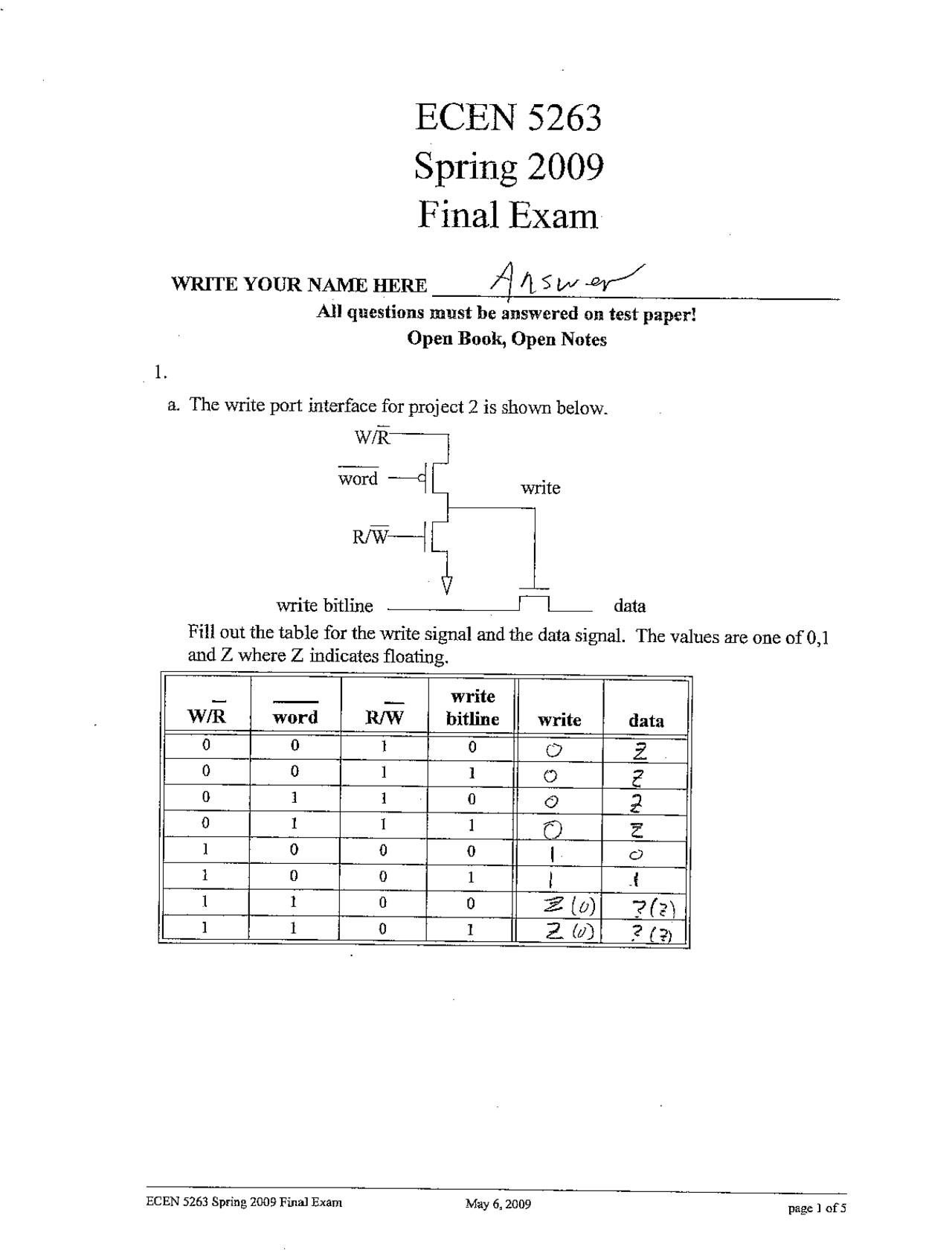 Solved Questions Of Final Exam Digital System Design Ecen 5263