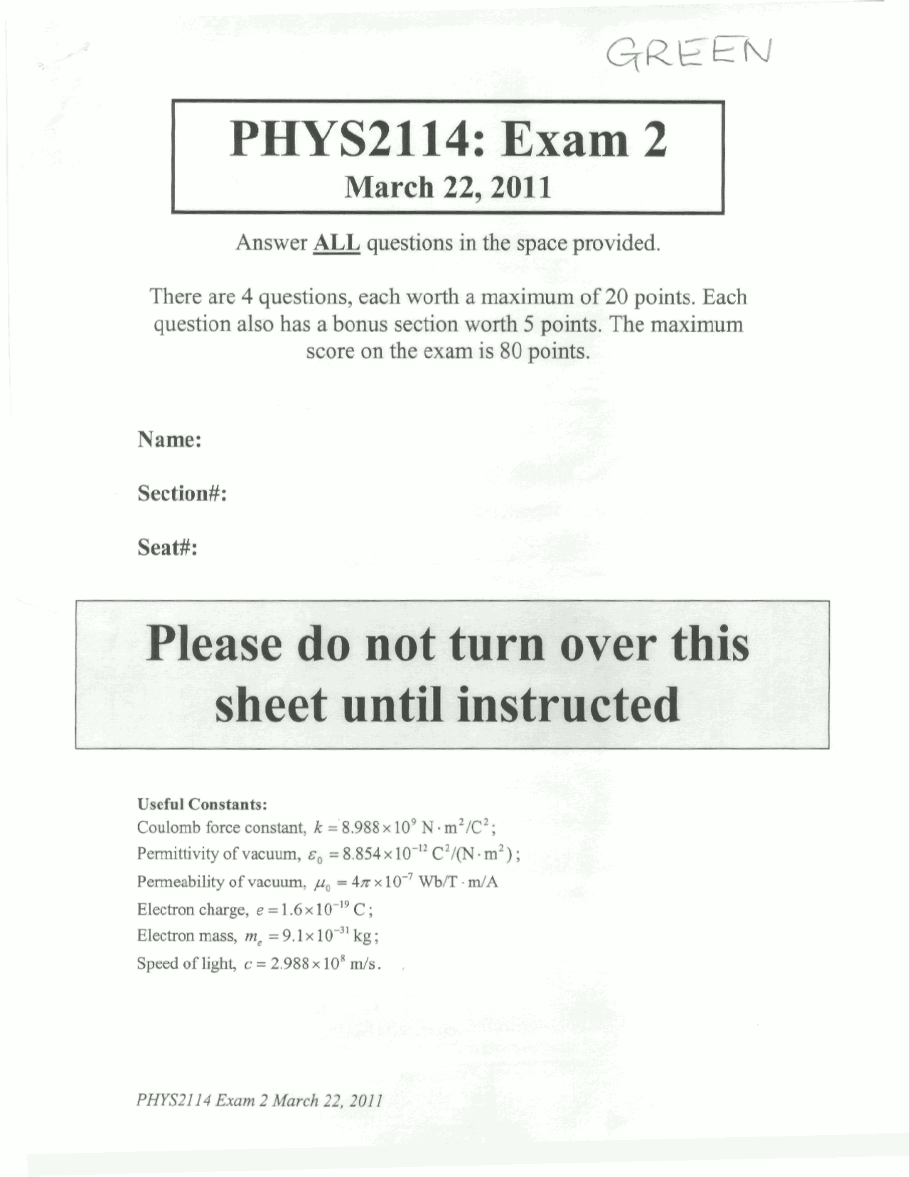 4 Problems With Solutions On General Physics Exam 2 Phys 2114 Docsity