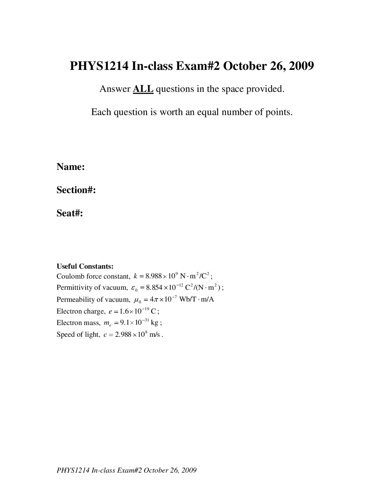 4 Questions On General Physics Exam 2 Phys 1214 Docsity