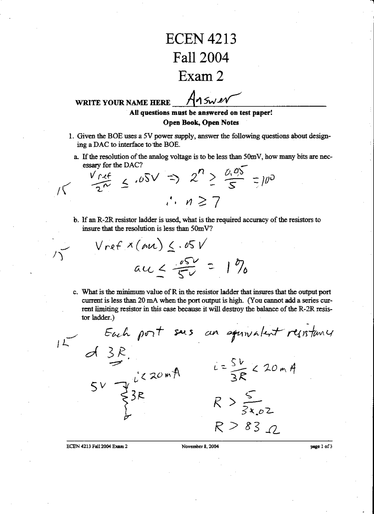 Exam 2 With Answer Key Embedded Computer Systems Fall 2004 Ecen