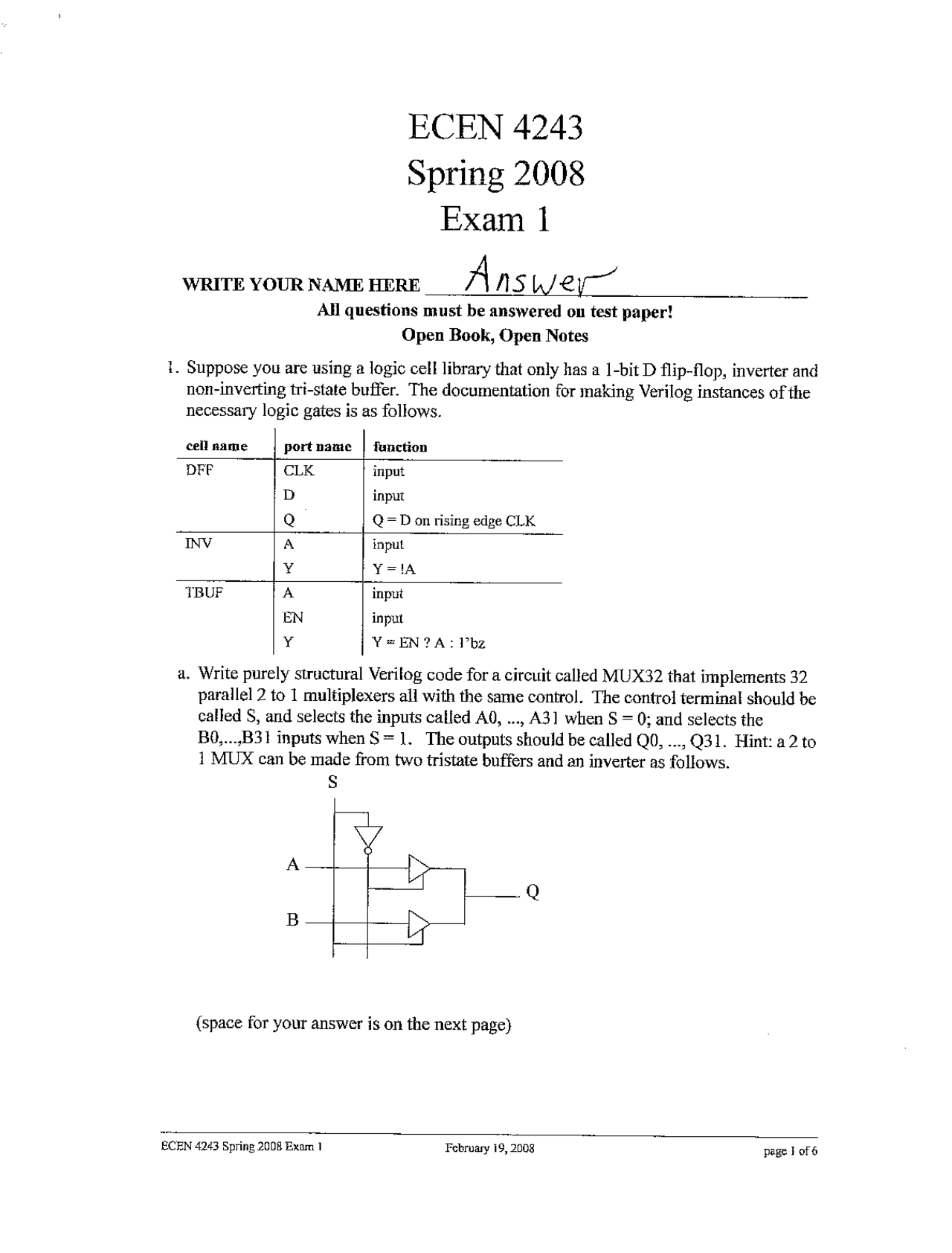 Exam 1 With Solution Computer Architecture Ecen 4243 Docsity
