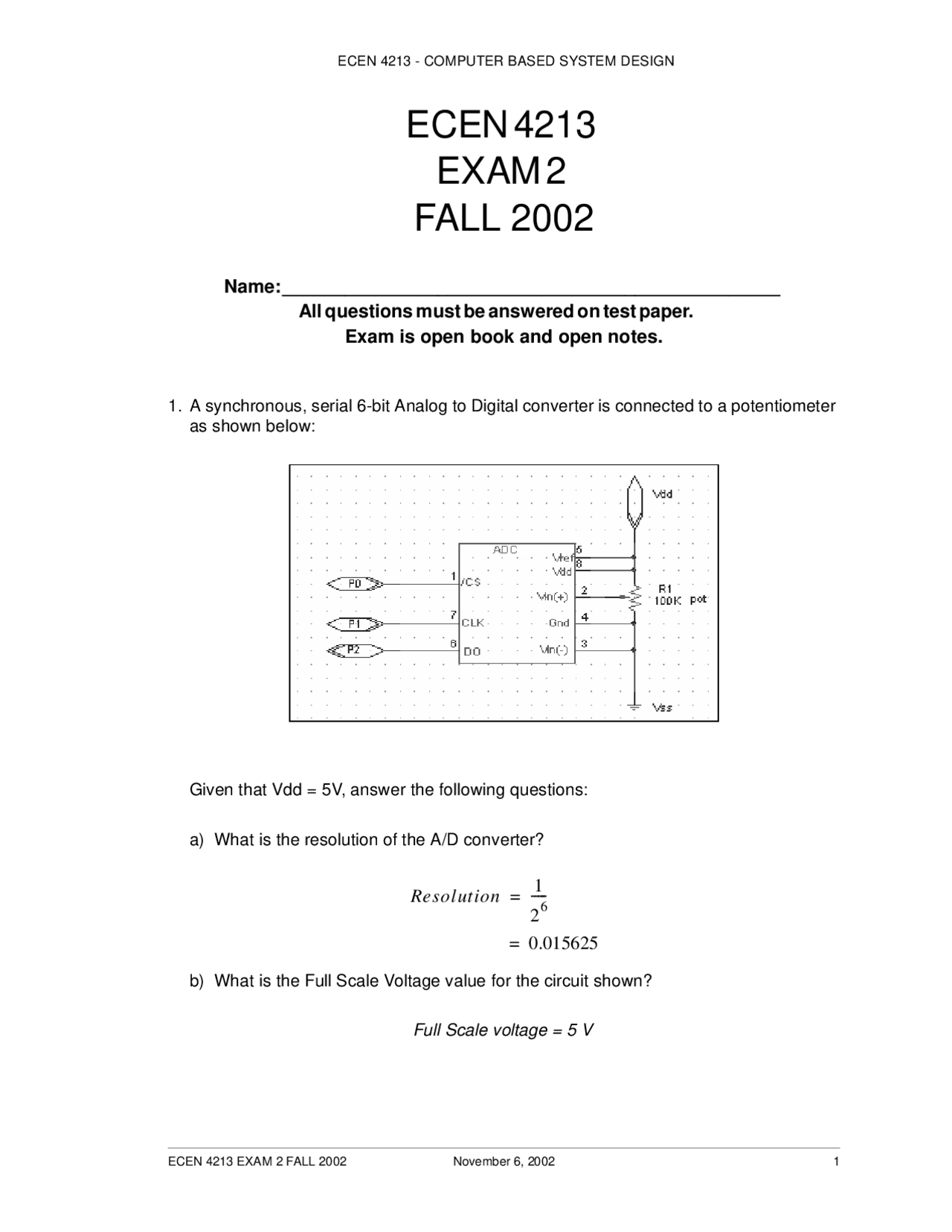 Sample Exam 2 With Answers Embedded Computer Systems Ecen 4213