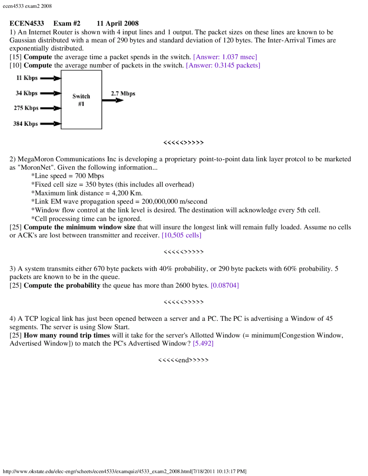 Exam 2 Data Communication Fall 2008 Ecen 4533 Docsity