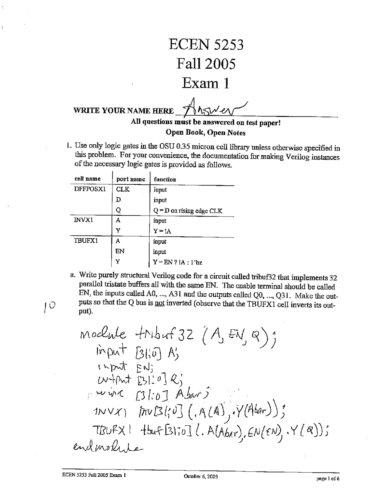 Past Exam 1 With Answers Digital Computer Design Ecen 5253 Docsity