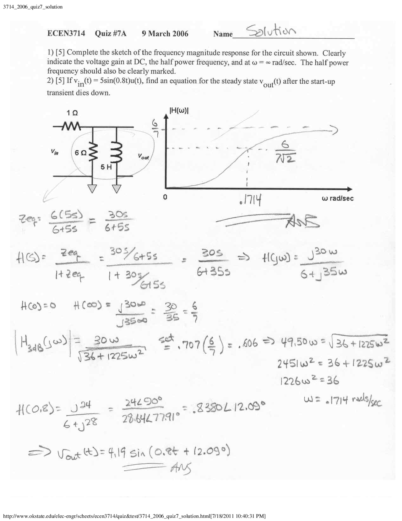 Quiz 7 With Solutions Network Analysis Fall 2006 Ecen 3714 Docsity