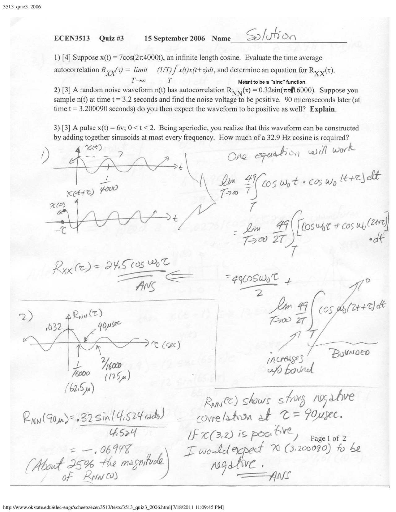 Quiz 3 With Solutions For Signal Analysis Ecen 3513 Docsity