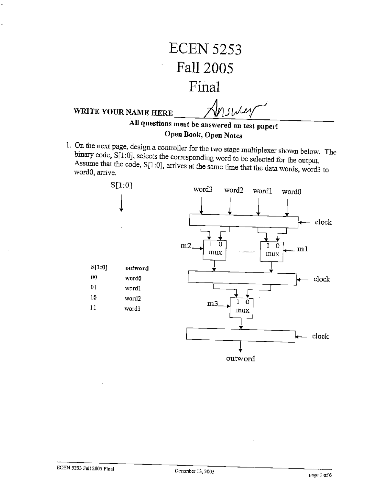 Solution Of Final Exam Digital Computer Design Fall 2005 Ecen