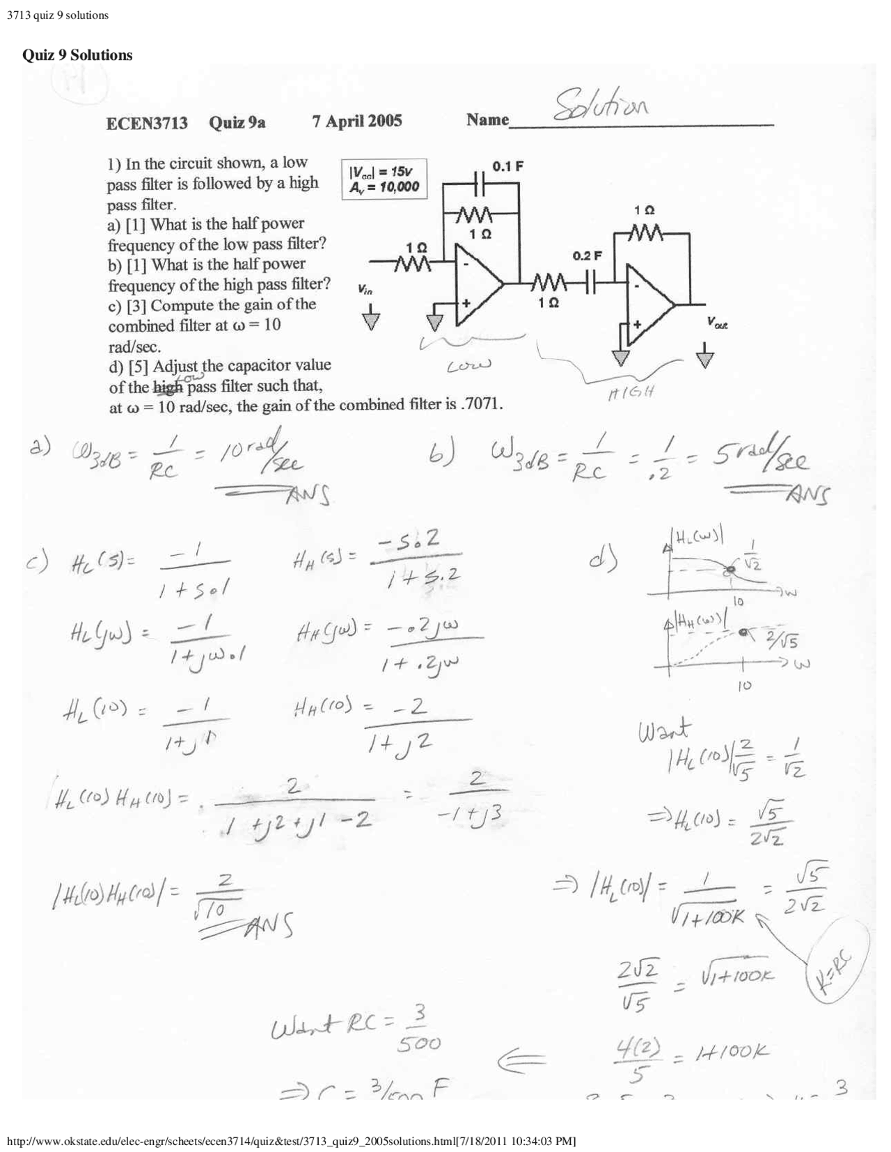 Quiz 9 Solutions For Electrical And Computer Engineering Ecen 3713