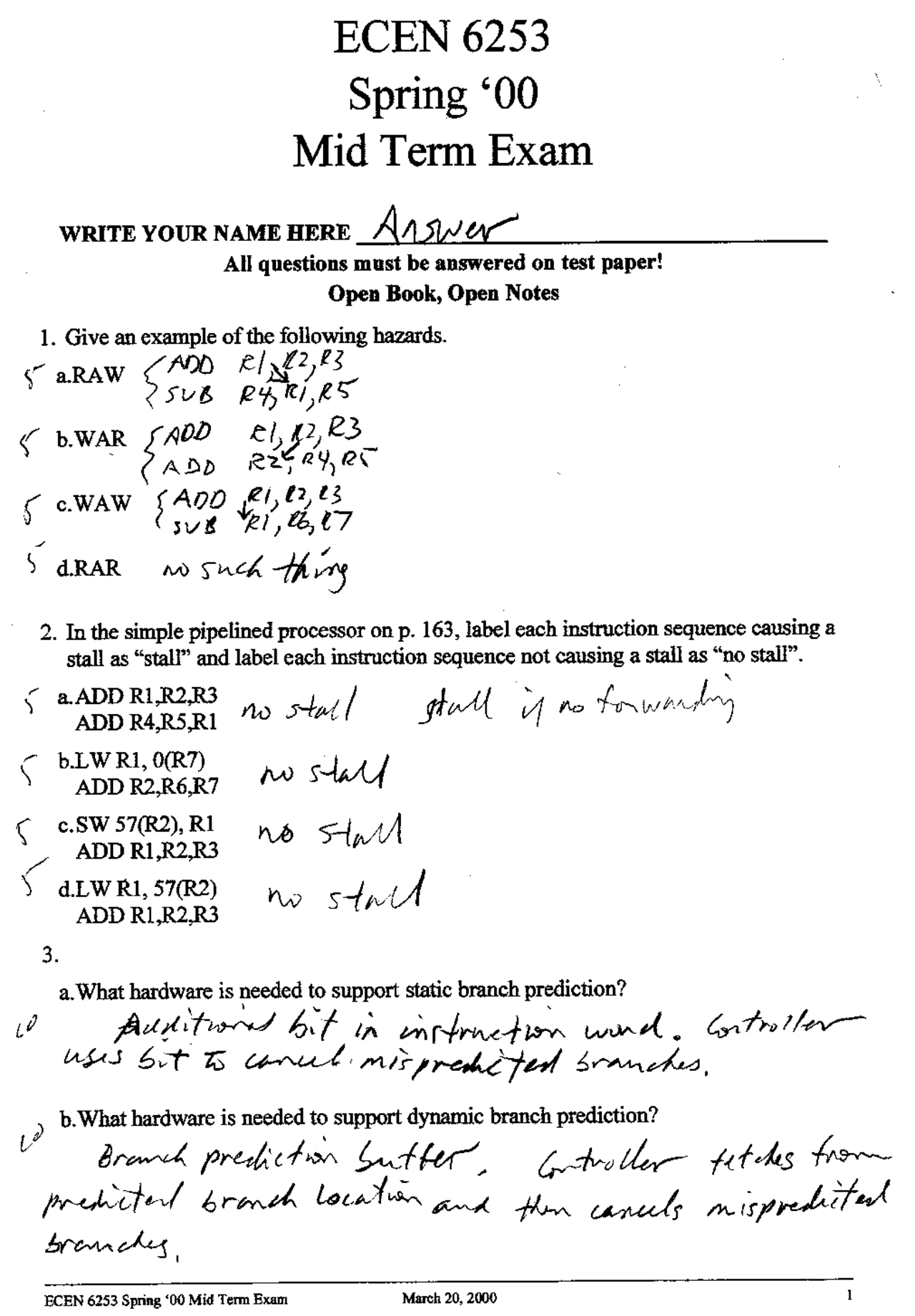 Midterm Exam With Answer Key Advanced Computer Architecture Ecen