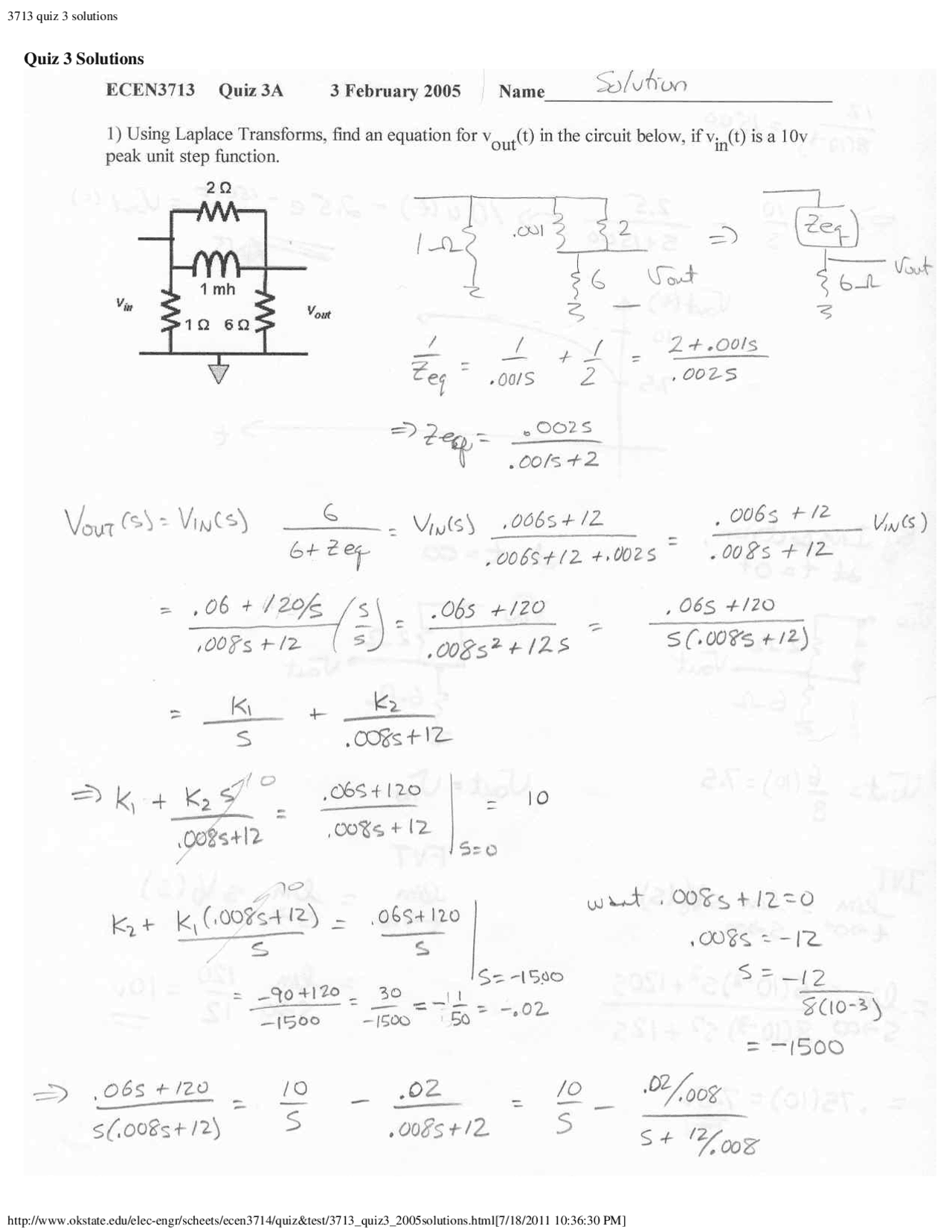 Quiz 3a Solutions Laplace Transforms Ecen 3713 Docsity