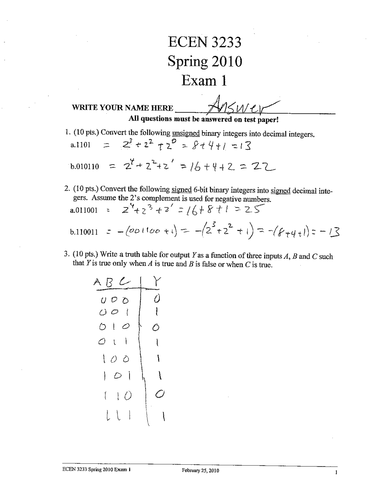Past Exam 1 With Answers Digital Logic Design Ecen 3233 Docsity