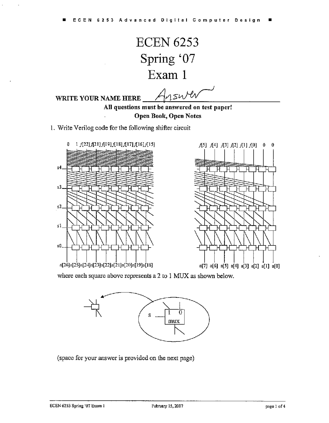 3 Problems On Advanced Digital Computer Design With Answers Ecen 6253