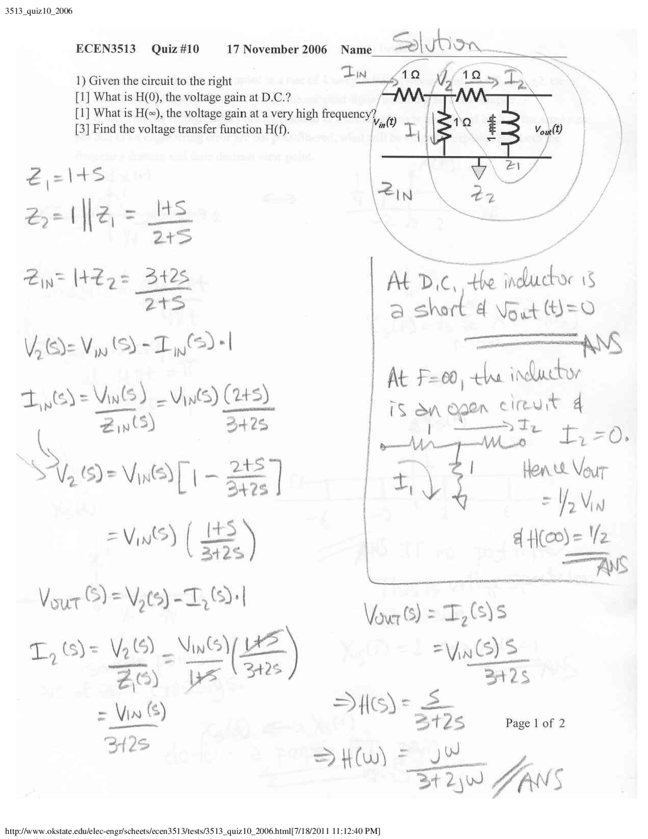 Voltage Function Transfer Solved Quiz Signal Analysis Ecen 3513