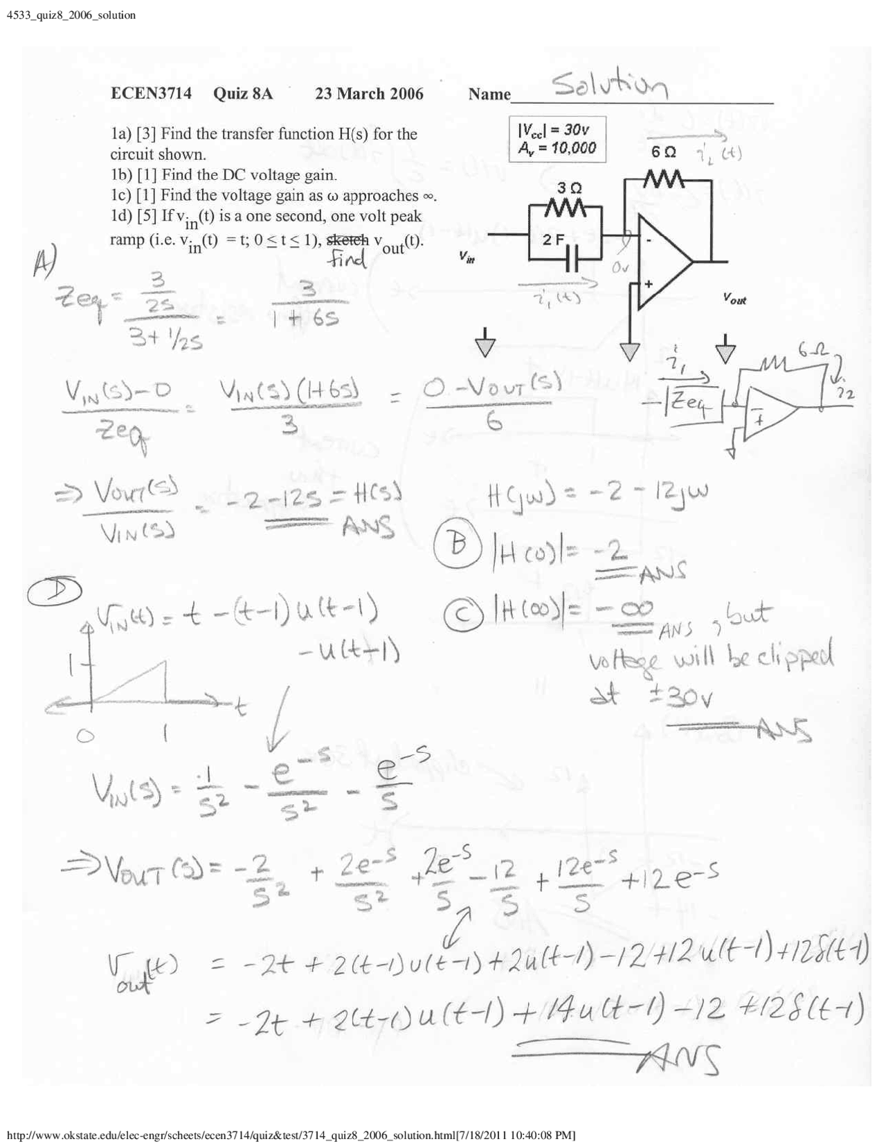 Questions With Solutions In Quiz 8 Network Analysis Ecen 3714 Docsity